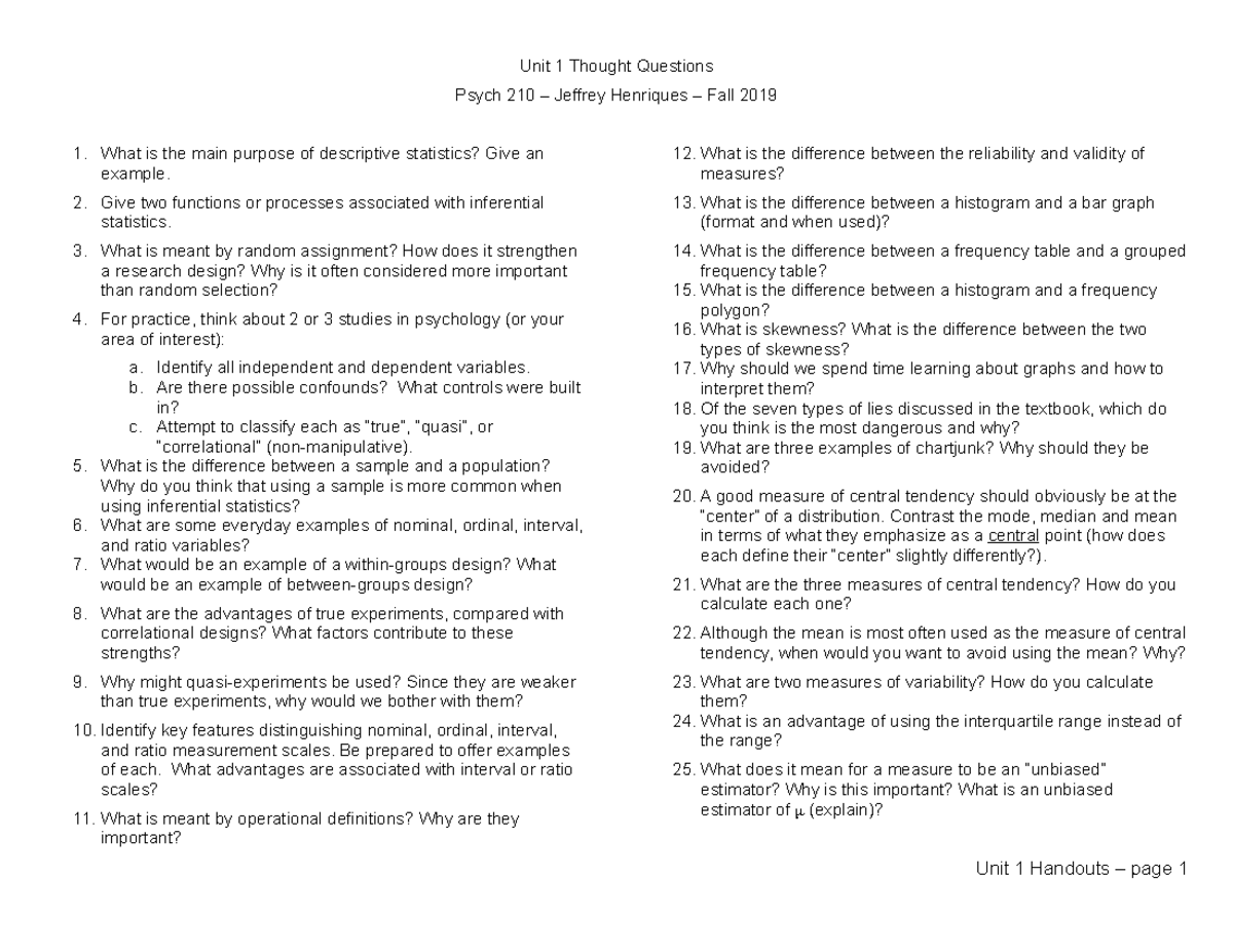 Unit1-Qs - Psych 210 Fall 2019 Jeffery Henriques - Unit 1 Thought ...
