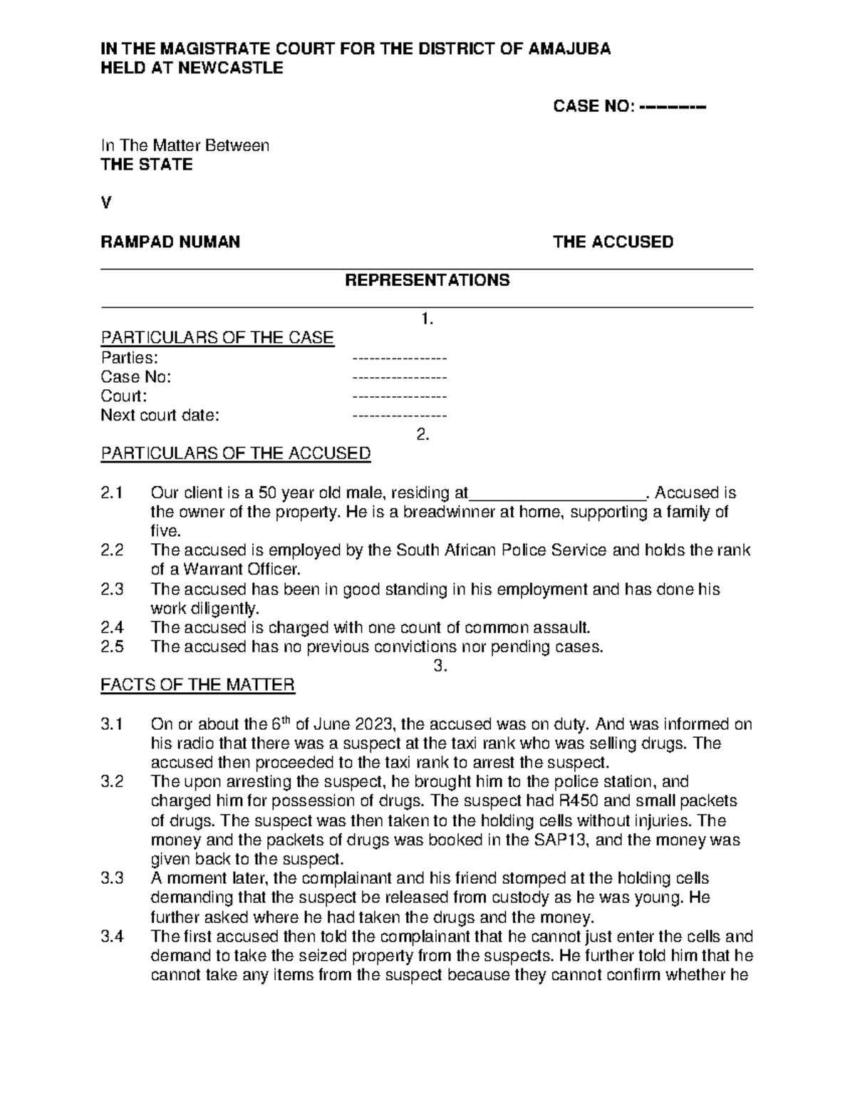 Representations Example - IN THE MAGISTRATE COURT FOR THE DISTRICT OF ...