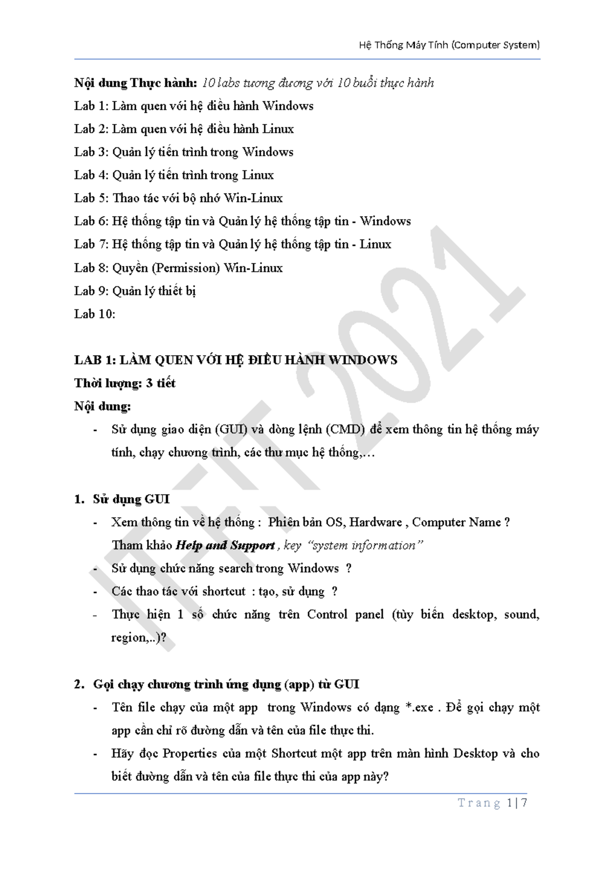 Lab1 lam quen voi hdh Windows - Nội dung Thực hành: 10 labs tương đương với 10 buổi thực hành ...