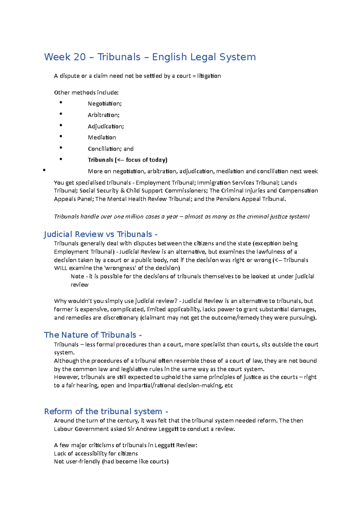 Notes on Tribunals in English Legal System - Week 20 Tribunals English ...