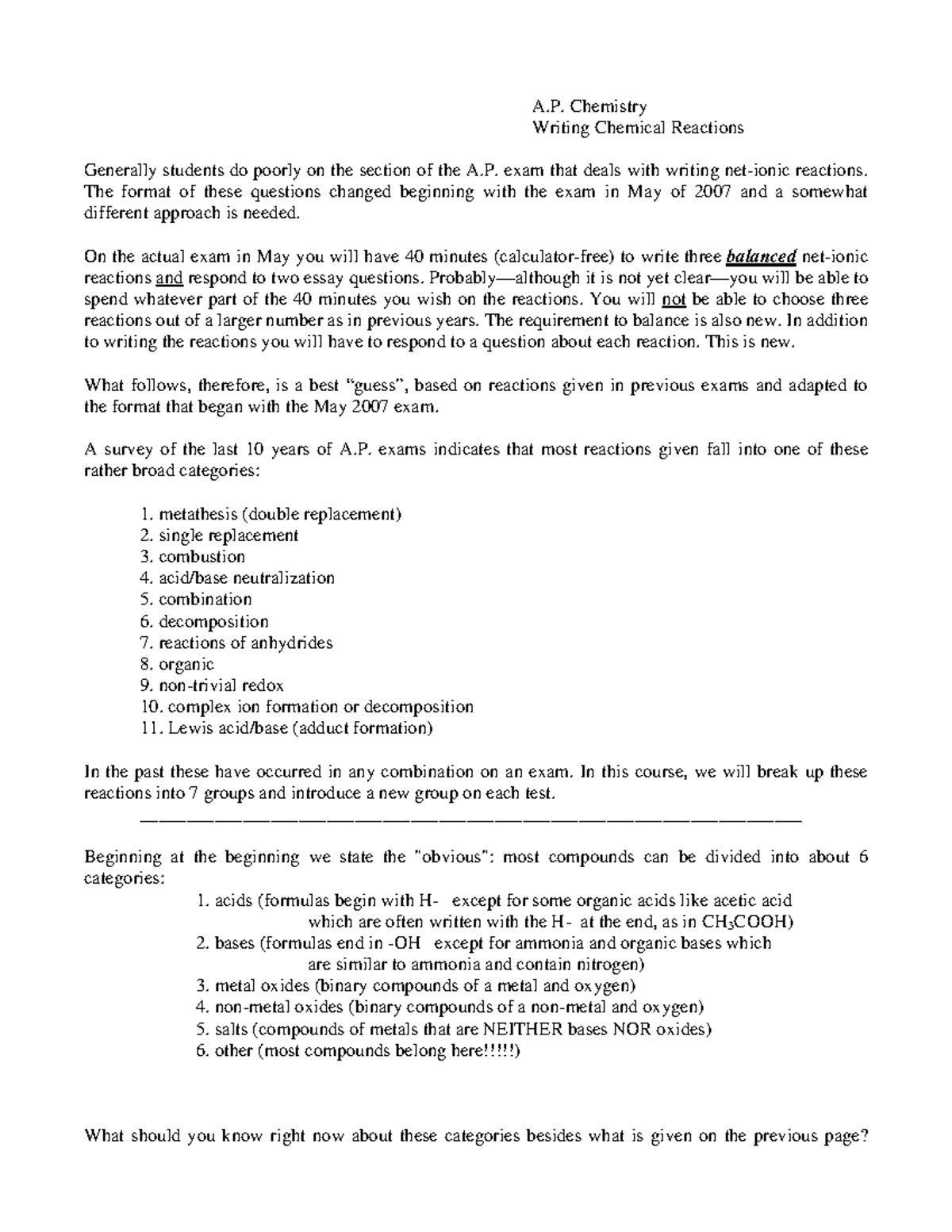 AP-writing-reactions - A. Chemistry Writing Chemical Reactions ...