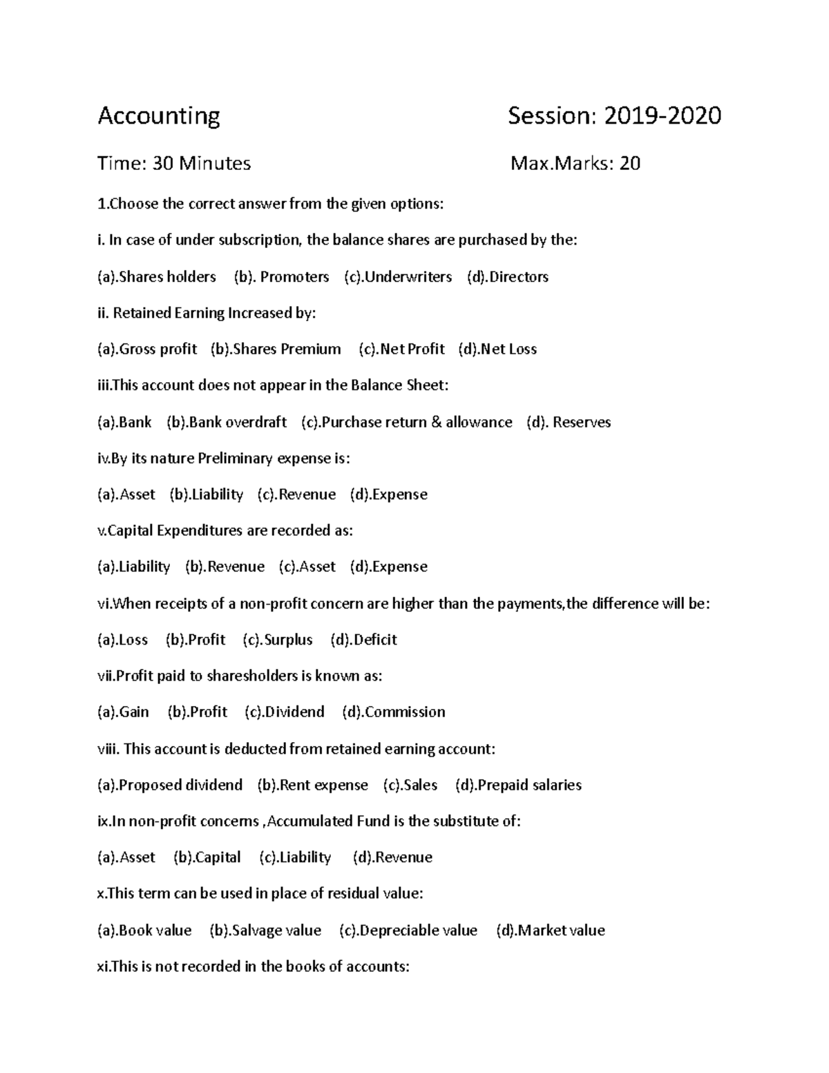 Accounting xii 2019 - Accounting Session: 2019- Time: 30 Minutes Max ...