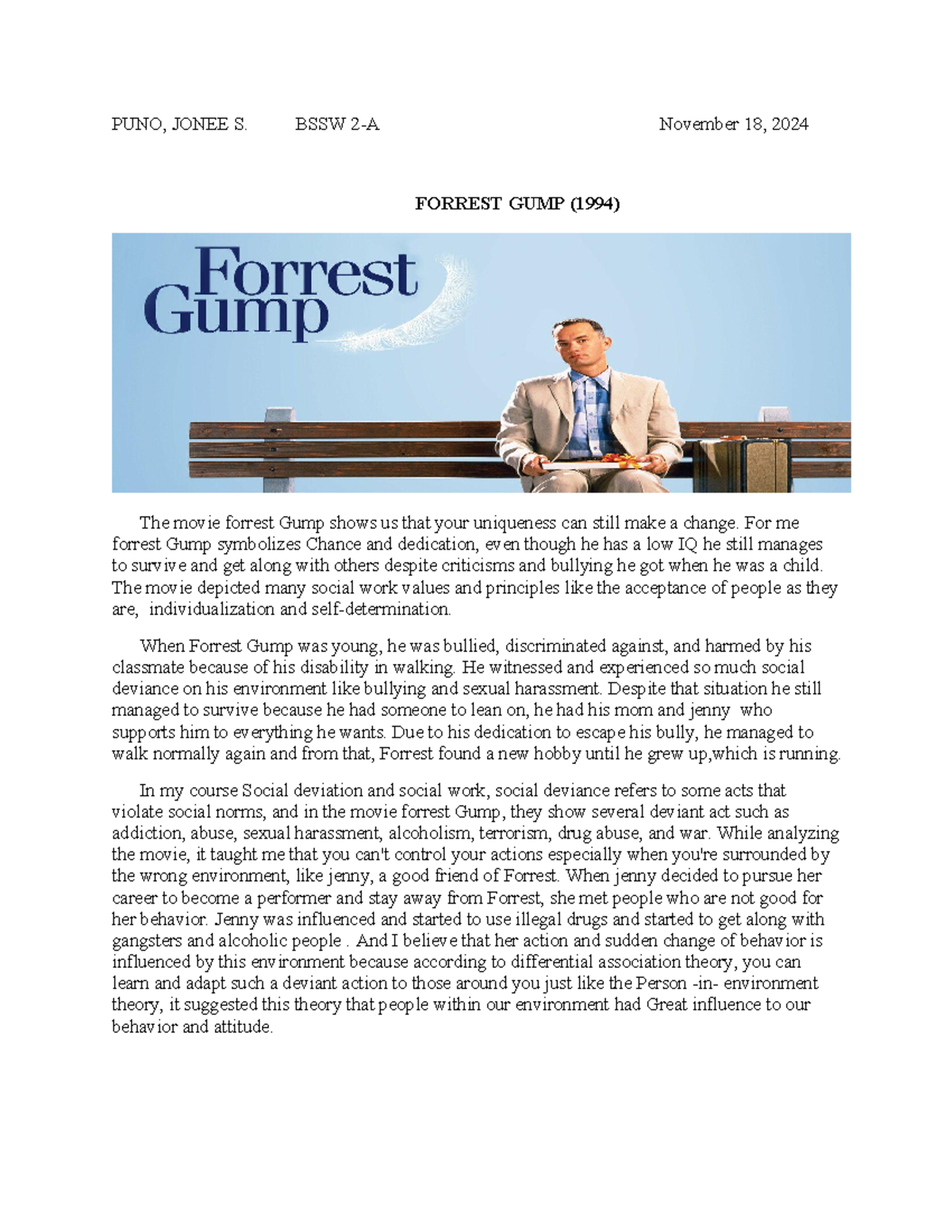Forrest GUMP - Jskwjawj - PUNO, JONEE S. BSSW 2-A November 18, 2024 ...