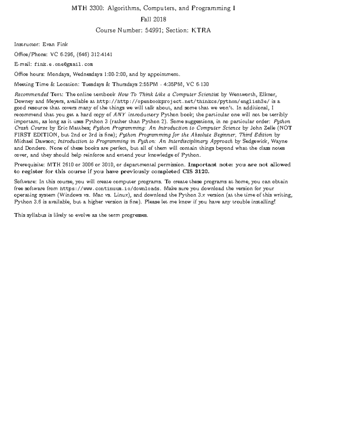 3300KTRAsyllabus - Summary Algorithms, Computers, And Programming I - MTH 3300: Algorithms ...