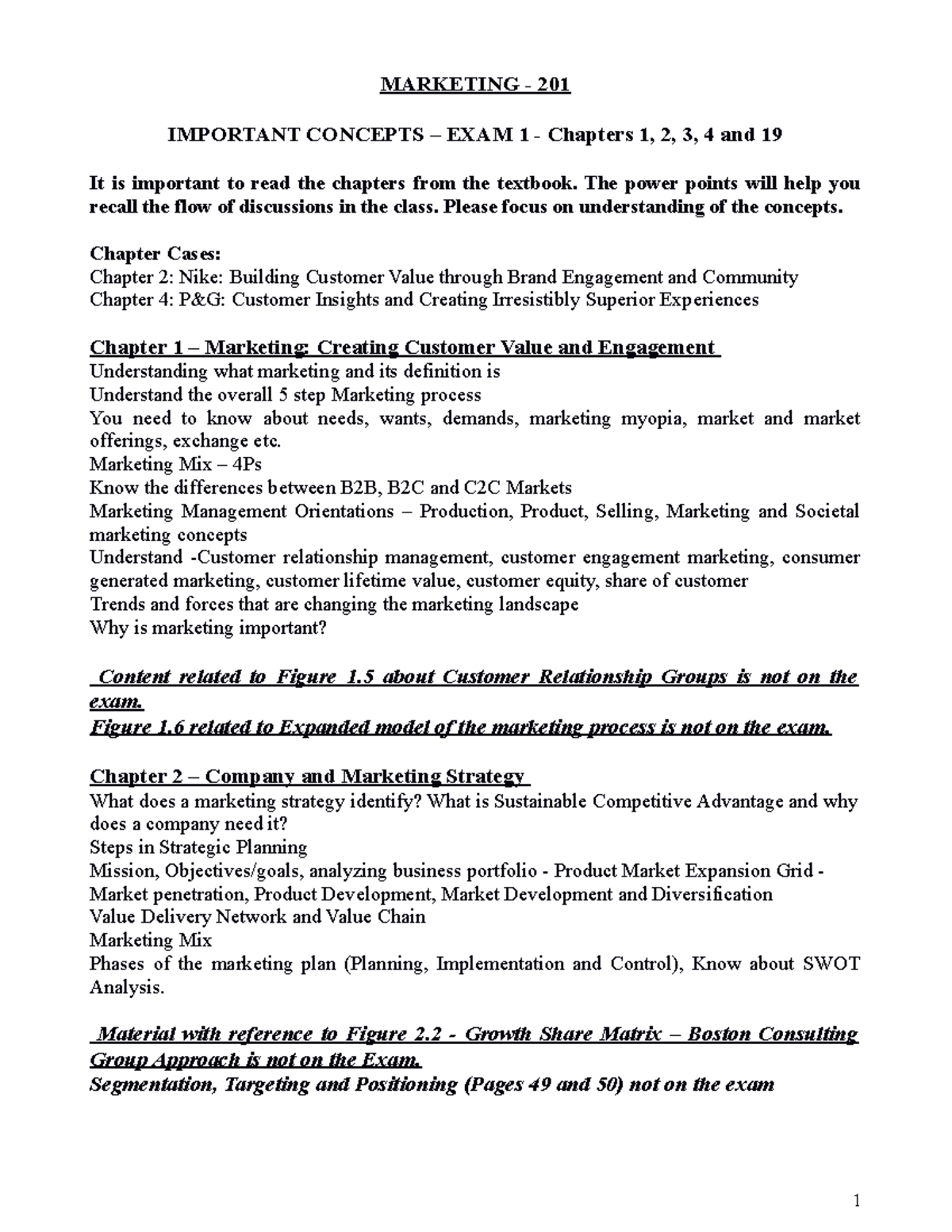 Study Guide for Exam 1 - 123212332123 - MARKETING - 201 IMPORTANT CONCEPTS – EXAM 1 - Chapters 1 ...