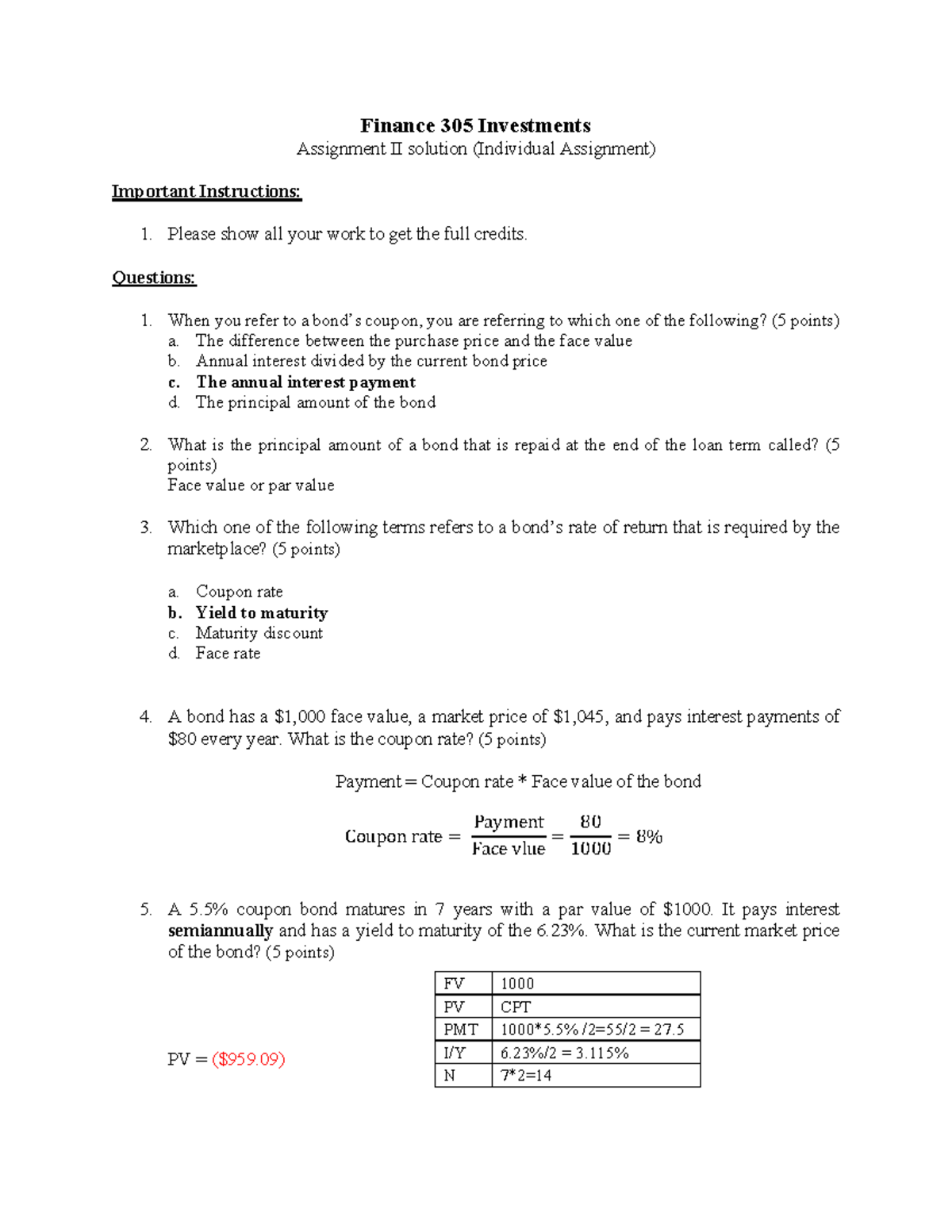 Assignment 2 solution - Yes. - Finance 305 Investments Assignment II solution (Individual - Studocu