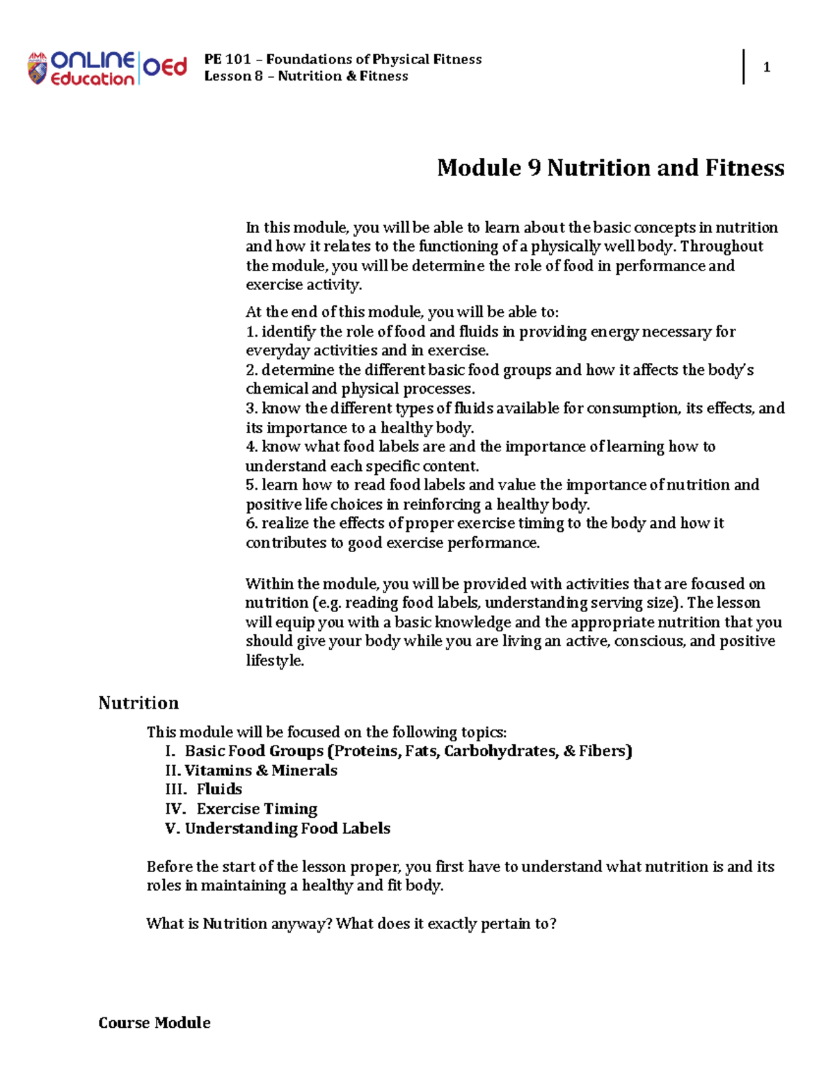 W7 Lesson 8 - Food and Nutrition - Module - Lesson 8 – Nutrition & Fitness 1 Module 9 Nutrition ...