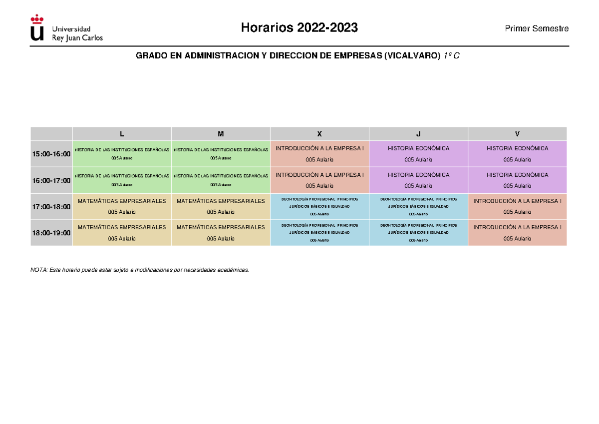 Horario - Horarios 2022-2023 Primer Semestre Asignaturas y profesores Asignatura Semestre ...