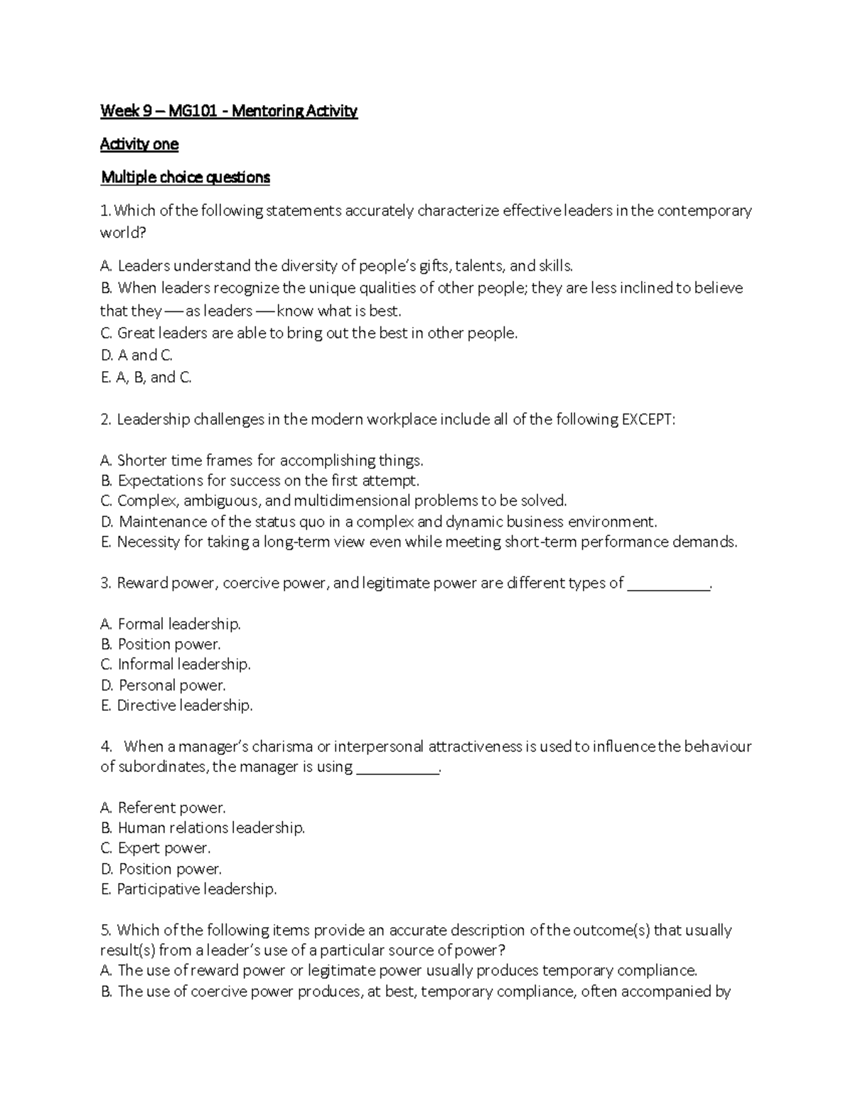 WEEK 9 MG101 - Activity - Week 9 – MG 101 - Mentoring Activity Activity ...