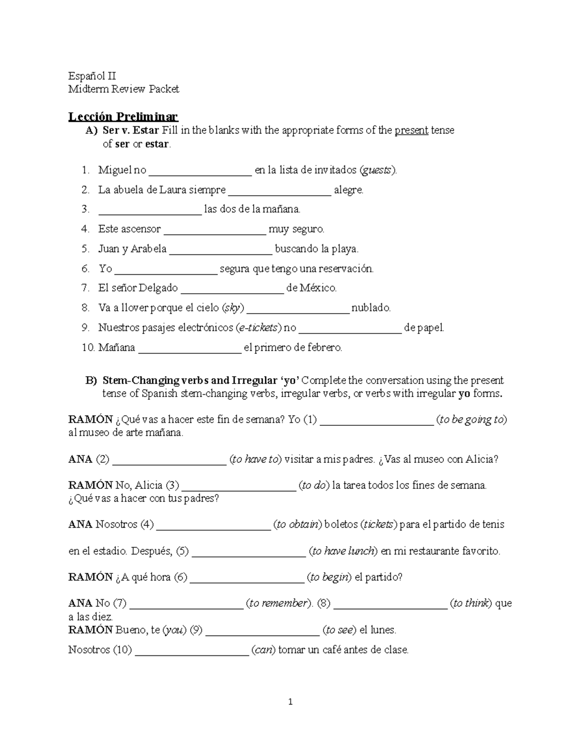Spanish102 Practice sheets - Español II Midterm Review Packet Lección ...