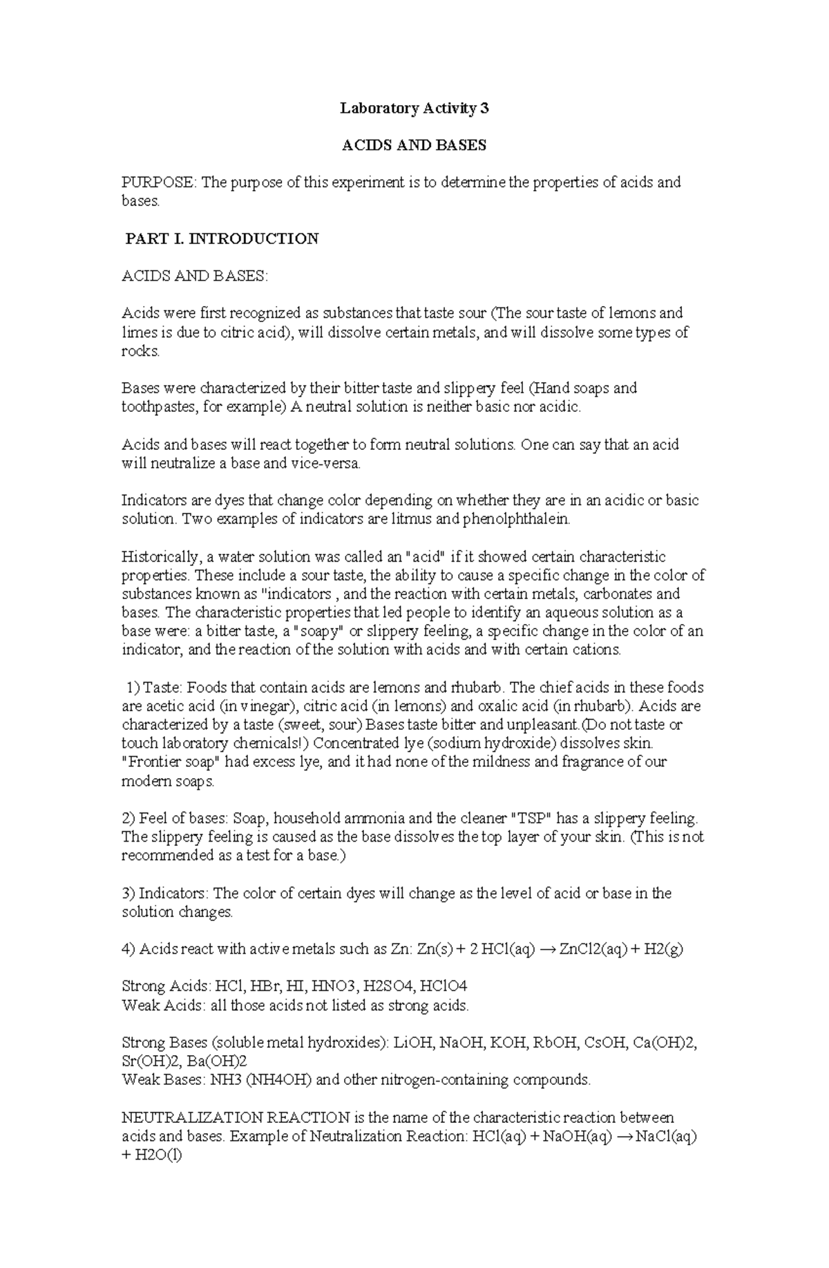 Lab activity 3 - Laboratory Activity 3 ACIDS AND BASES PURPOSE: The purpose of this experiment ...