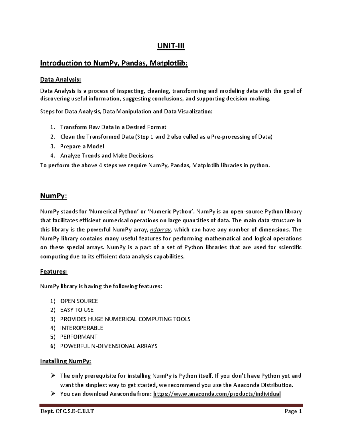 Python Unit 3 Its A Good Material Unit Iii Introduction To Numpy