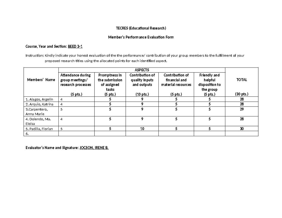 Edrese Members Evaluation FORM - TECRES (Educational Research) Member’s ...