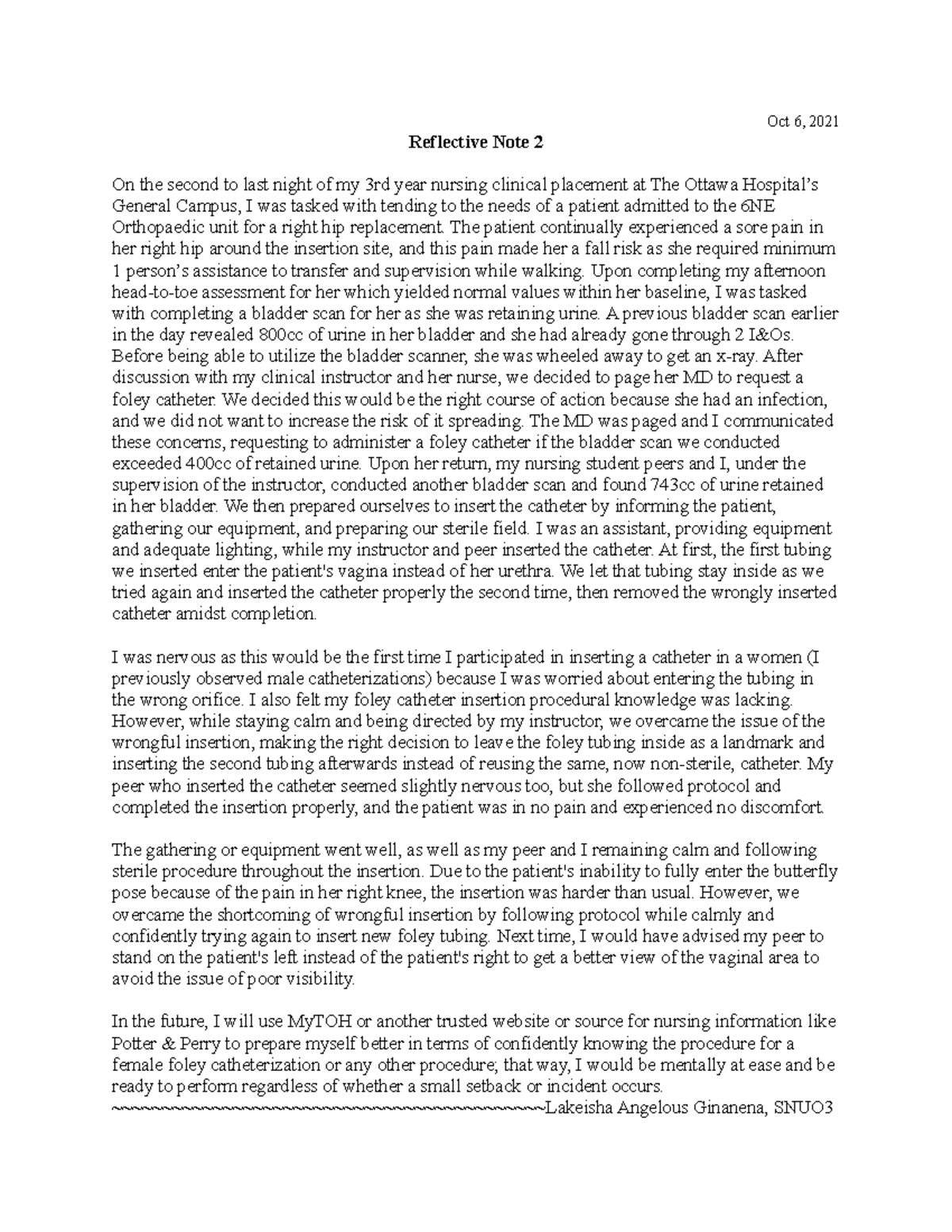 MED SURGE Reflective Note 2 - NSG3105 - uOttawa - Studocu