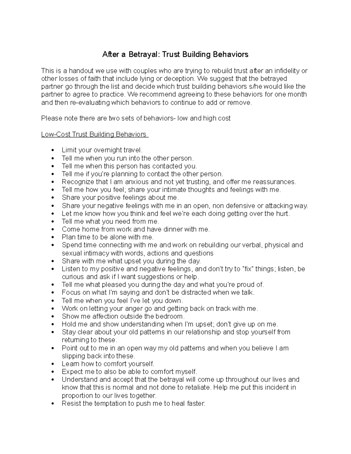 Trust Building Behaviors - We suggest that the betrayed partner go ...