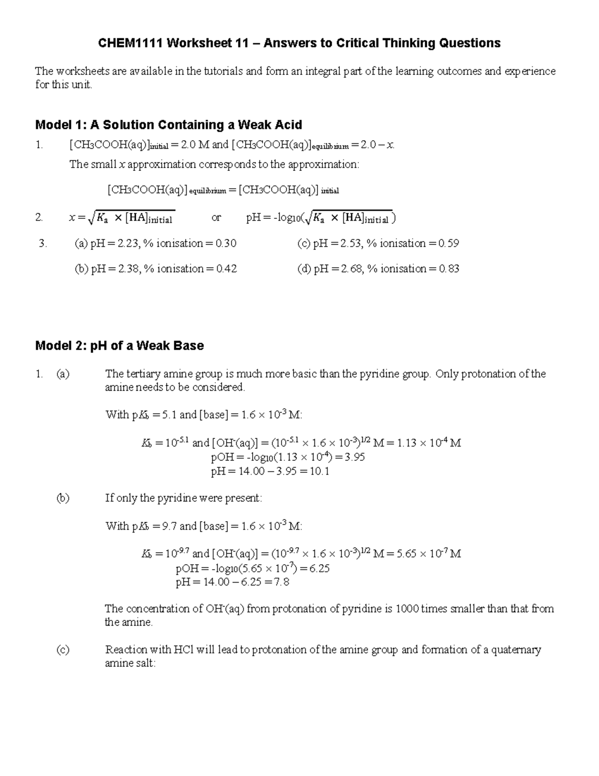 Tutorial 11 - Answers 2021 - CHEM1111 Worksheet 11 – Answers to ...