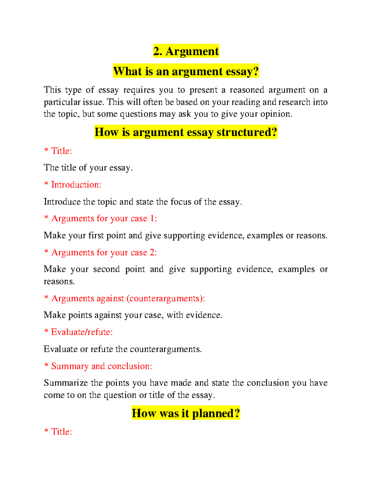 Essay lucture 4 - 2. Argument What is an argument essay? This type of ...