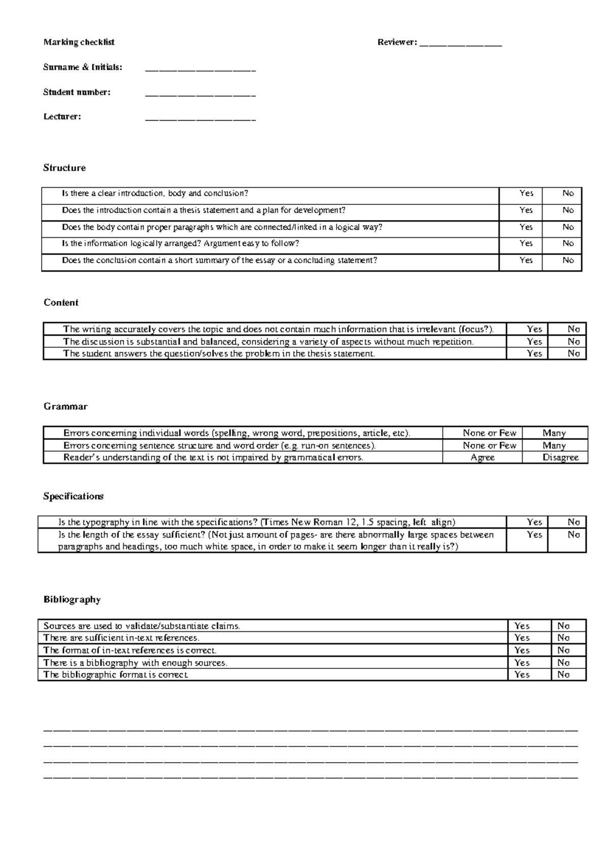 Checklist Draft 2 - Marking checklist Reviewer ...