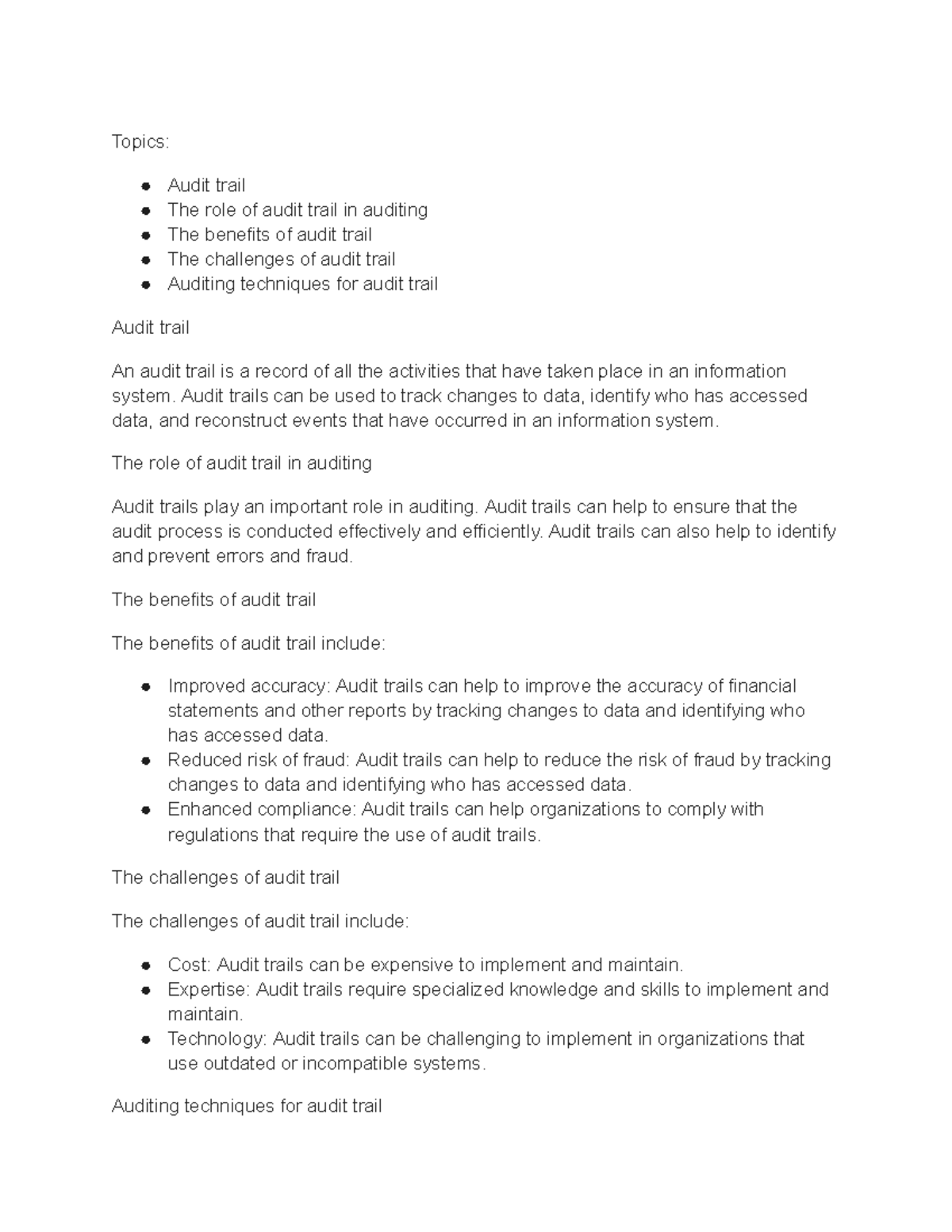 Lecture 21 Auditing Information Systems Auditing Audit Trail - Topics: Audit trail The role of ...