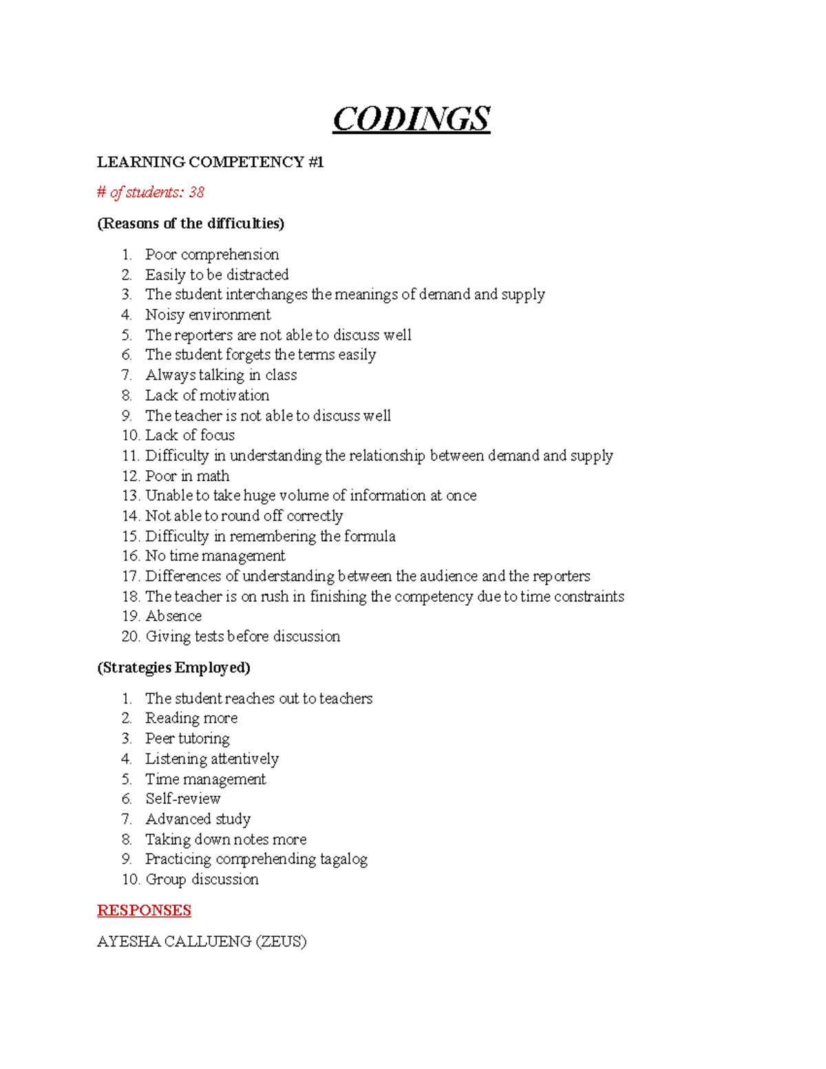 Codings (Qualitative) - CODINGS LEARNING COMPETENCY of students: 38 ...