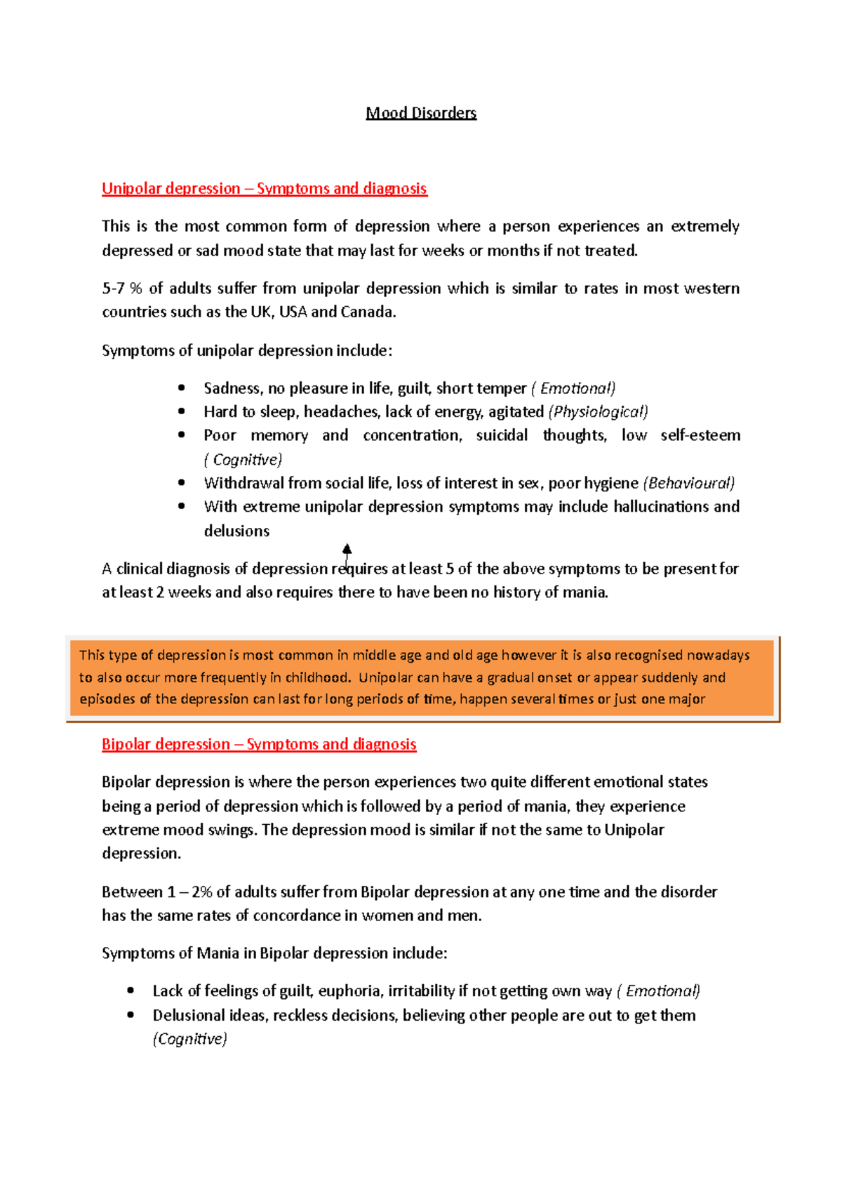 Mood Disorders - LECTURE NOTES - Mood Disorders Unipolar depression ...