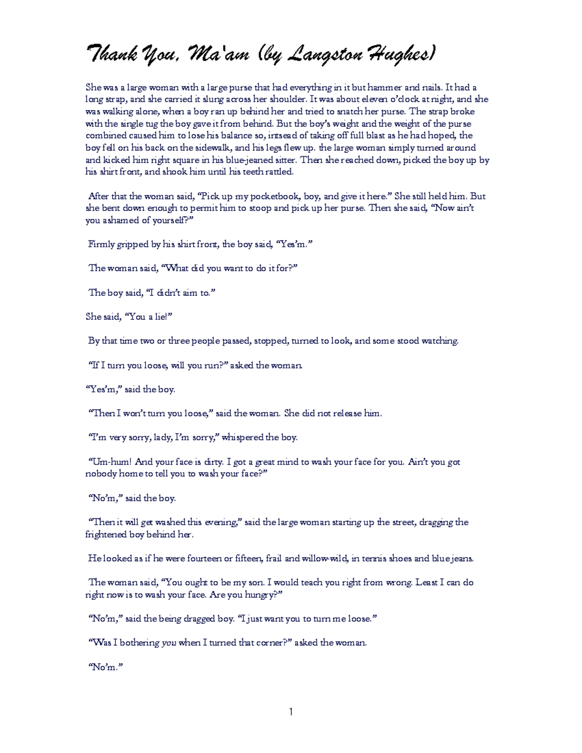 Thank you ma am-4 - Assignment - 1 Thank You, Ma'am (by Langston Hughes ...
