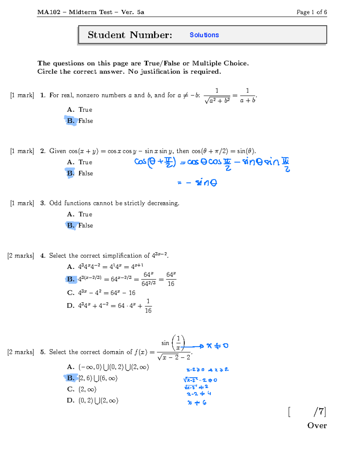 MA102 F22 Mid v5sol - MIDTERM - Student Number: The questions on this page are True/False or ...