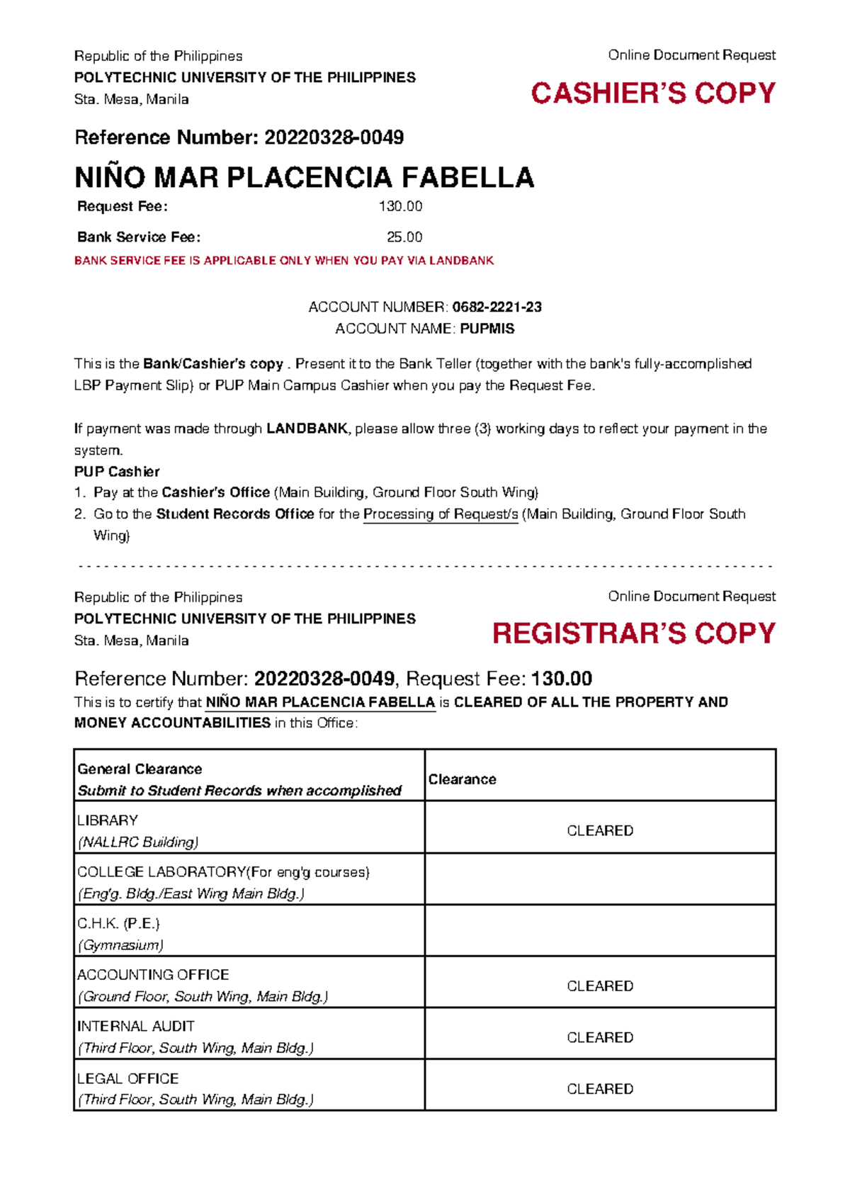 Payment Voucher-Claim Stub - Online Document Request Republic of the ...