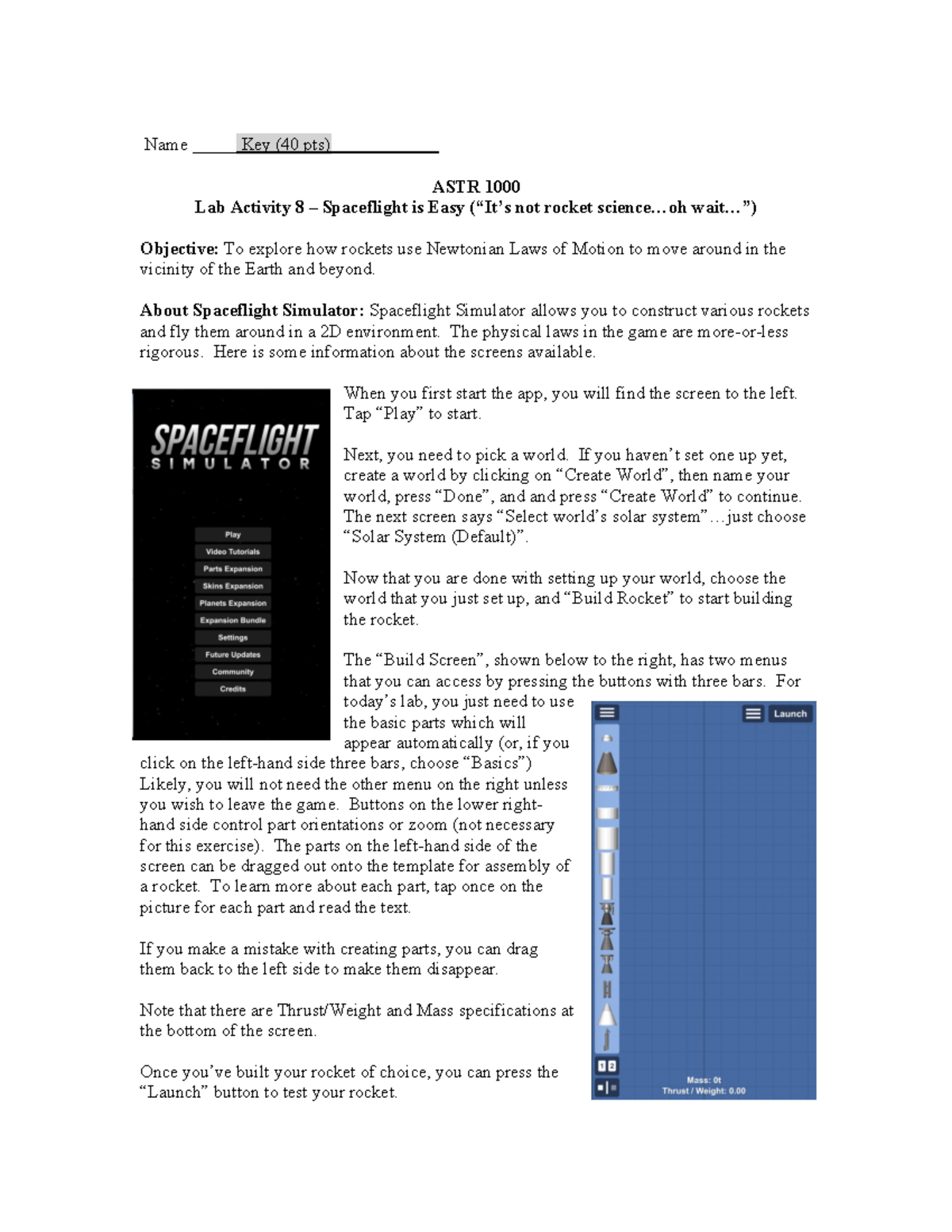 Lab8 Rocket Man key - Answers to lab - Name _____ Key (40 pts ...