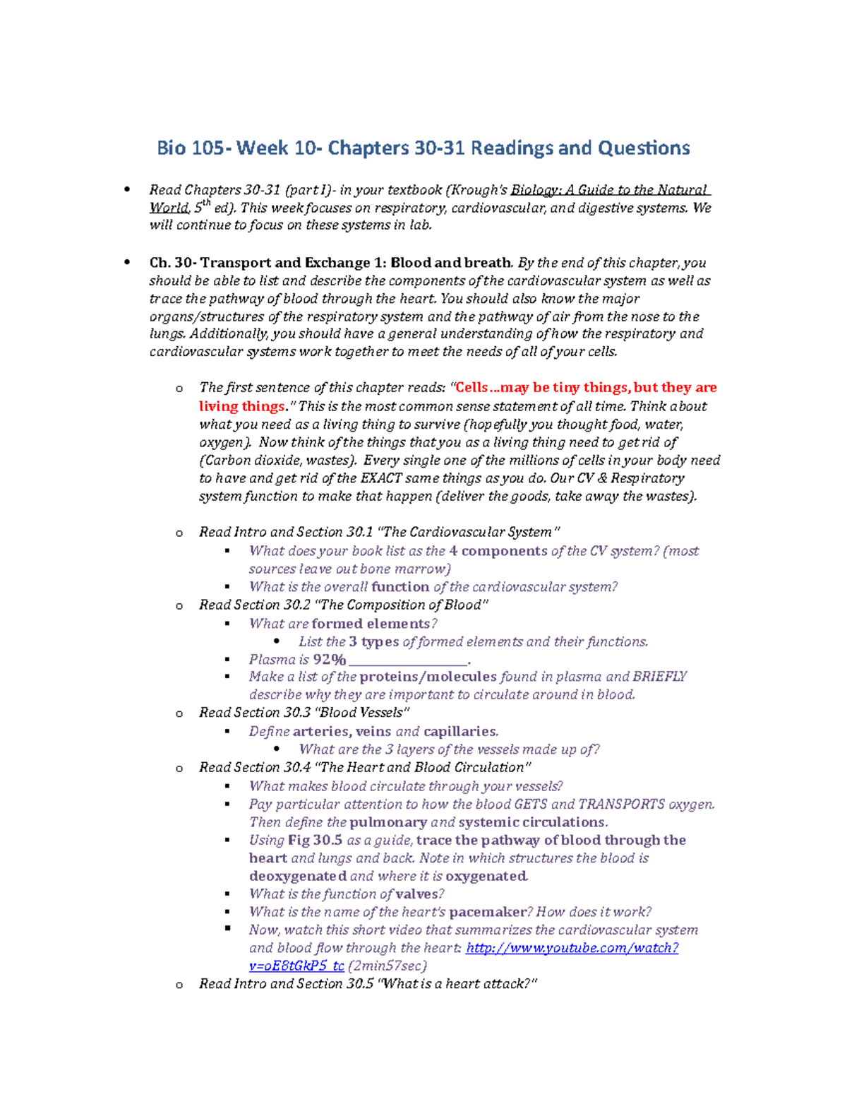 Bio 105- Week 10 Handout - Bio 105- Week 10- Chapters 30-31 Readings ...