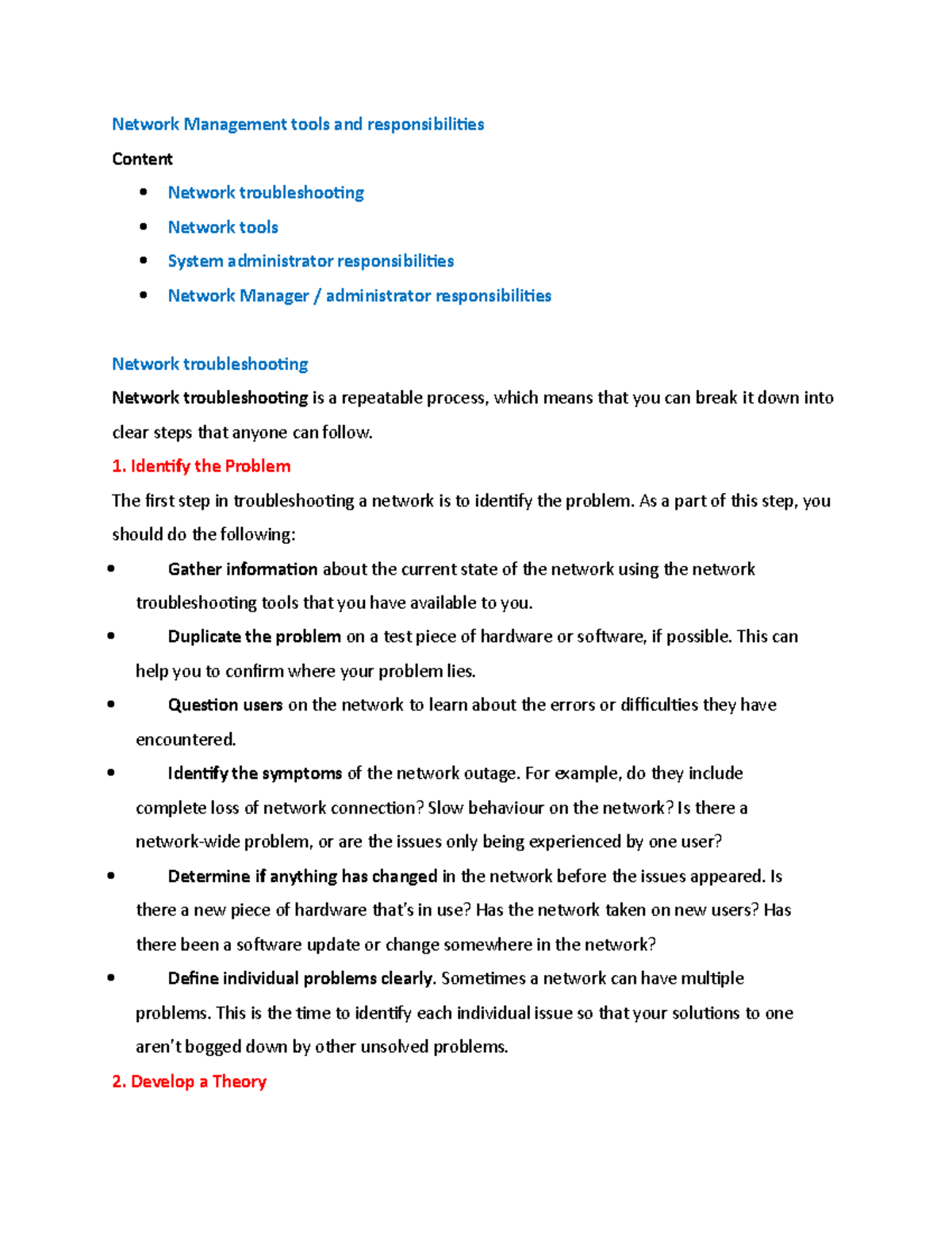 Topic 7 Network management responsibilities and Tools - Network Management tools and - Studocu