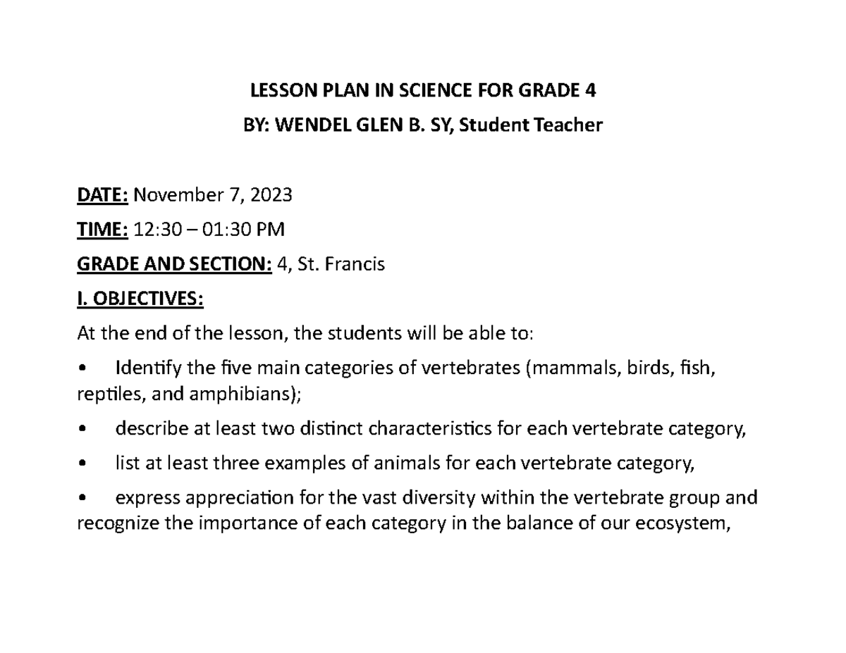 Lesson PLAN IN Science FOR Grade 4 - LESSON PLAN IN SCIENCE FOR GRADE 4 ...