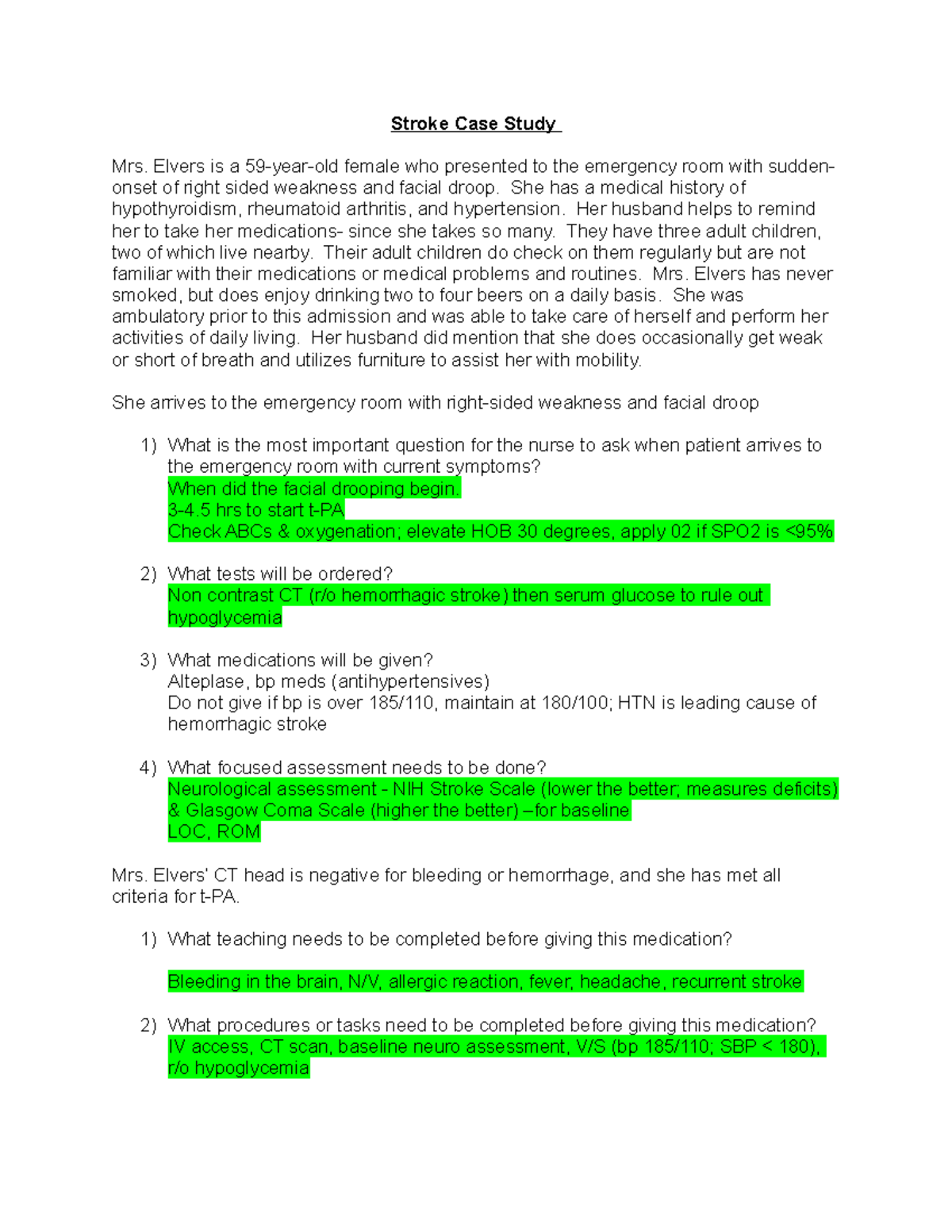 Stroke Case Study - Stroke Case Study Mrs. Elvers is a 59-year-old ...