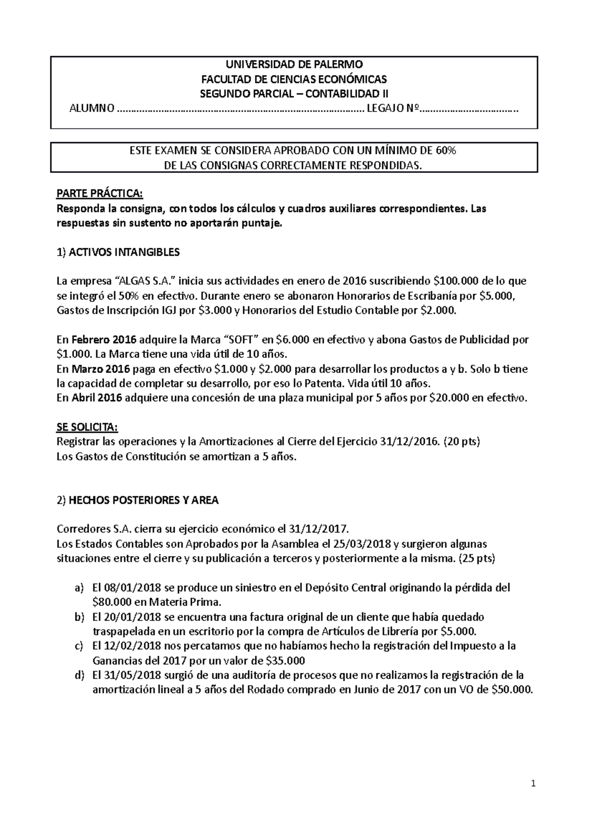 Contabilidad II - Segundo Parcial - UNIVERSIDAD DE PALERMO FACULTAD DE CIENCIAS ECONÓMICAS ...