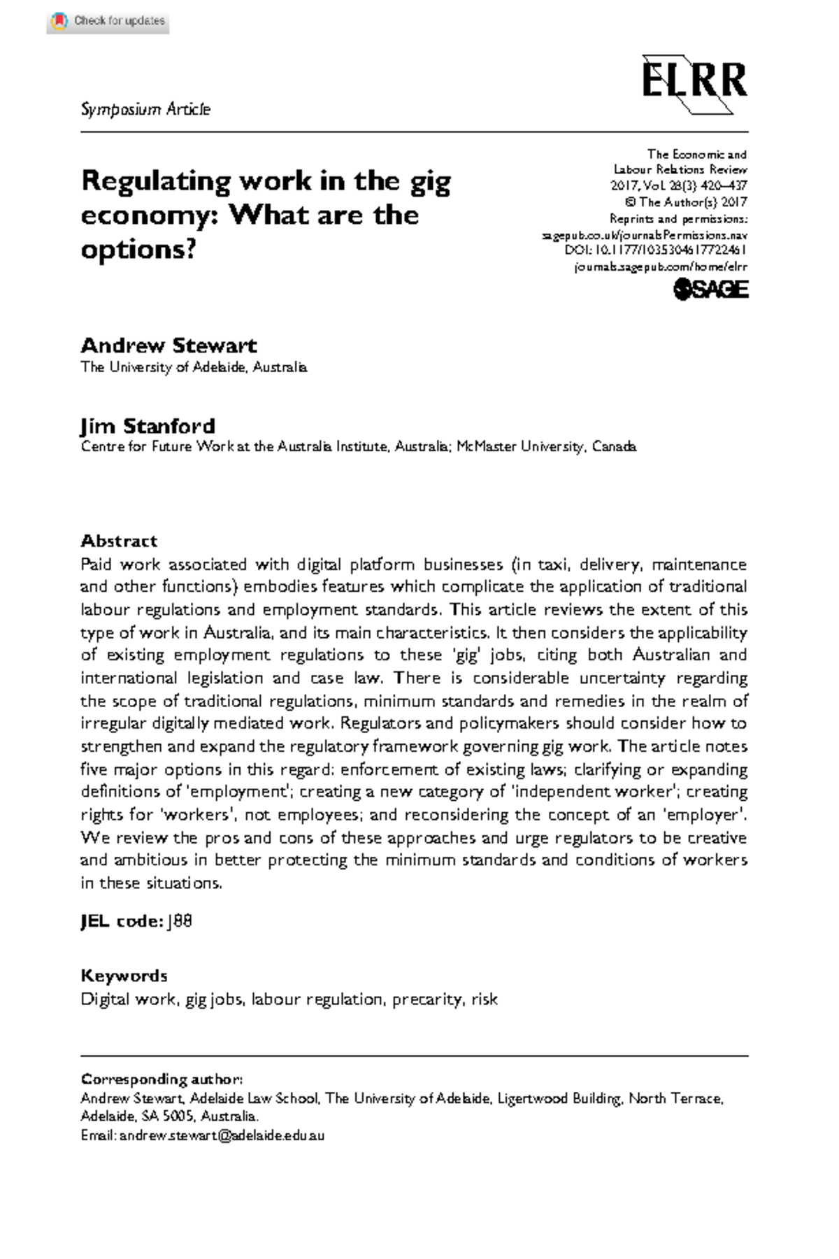 Regulating work in the gig economy - what are the options - ELRR doi/10 ...