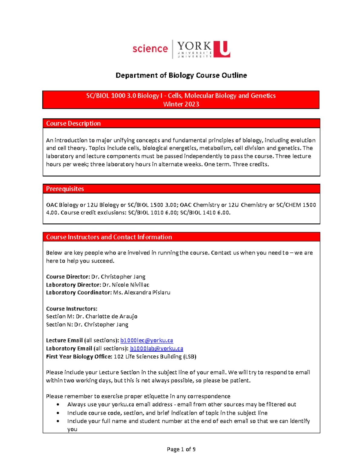 BIOL 1000 Winter 2023 Course Outline - Department of Biology Course ...