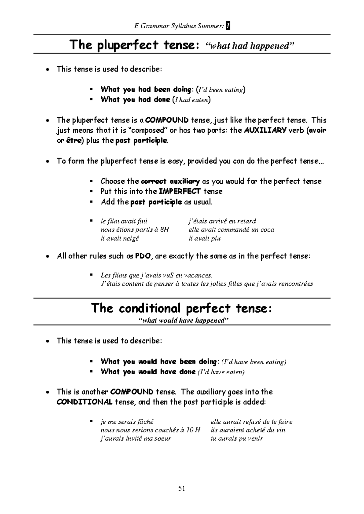 notes - E Grammar Syllabus Summer: 1 The pluperfect tense: “what had ...