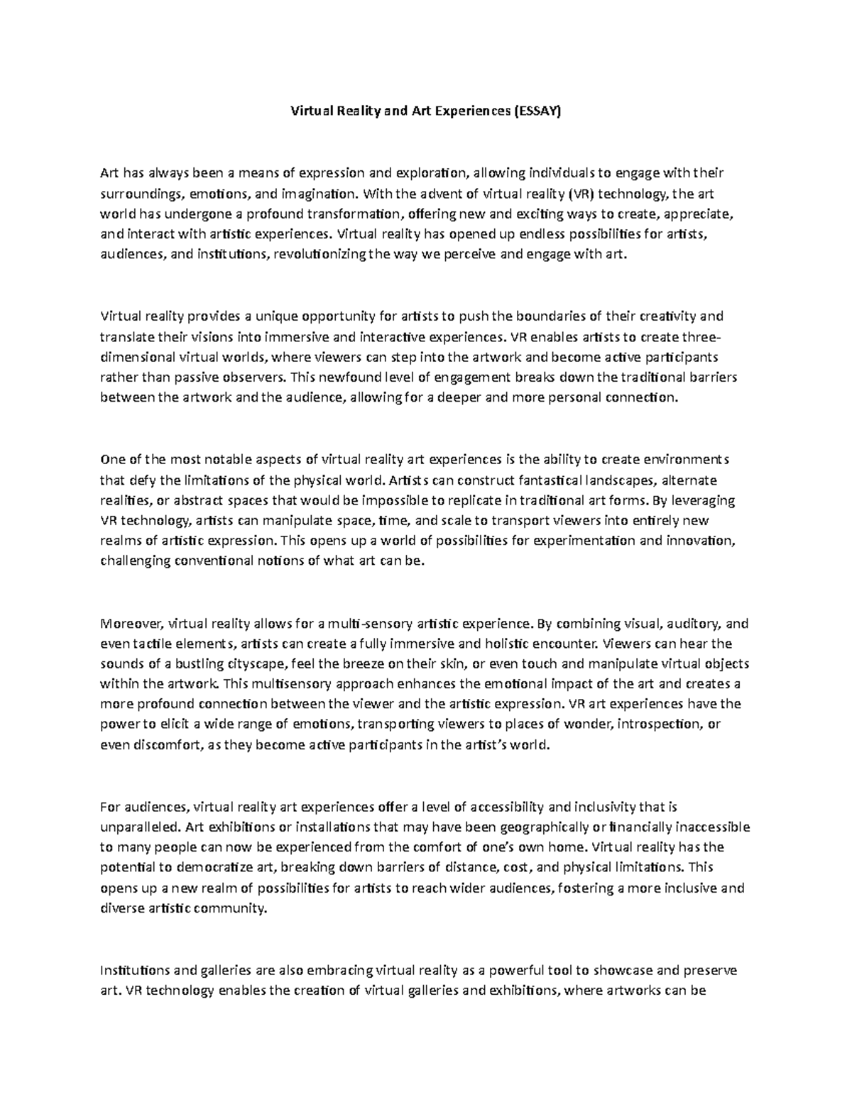 Virtual Reality and Art Experiences (Essay) - Virtual Reality and Art ...