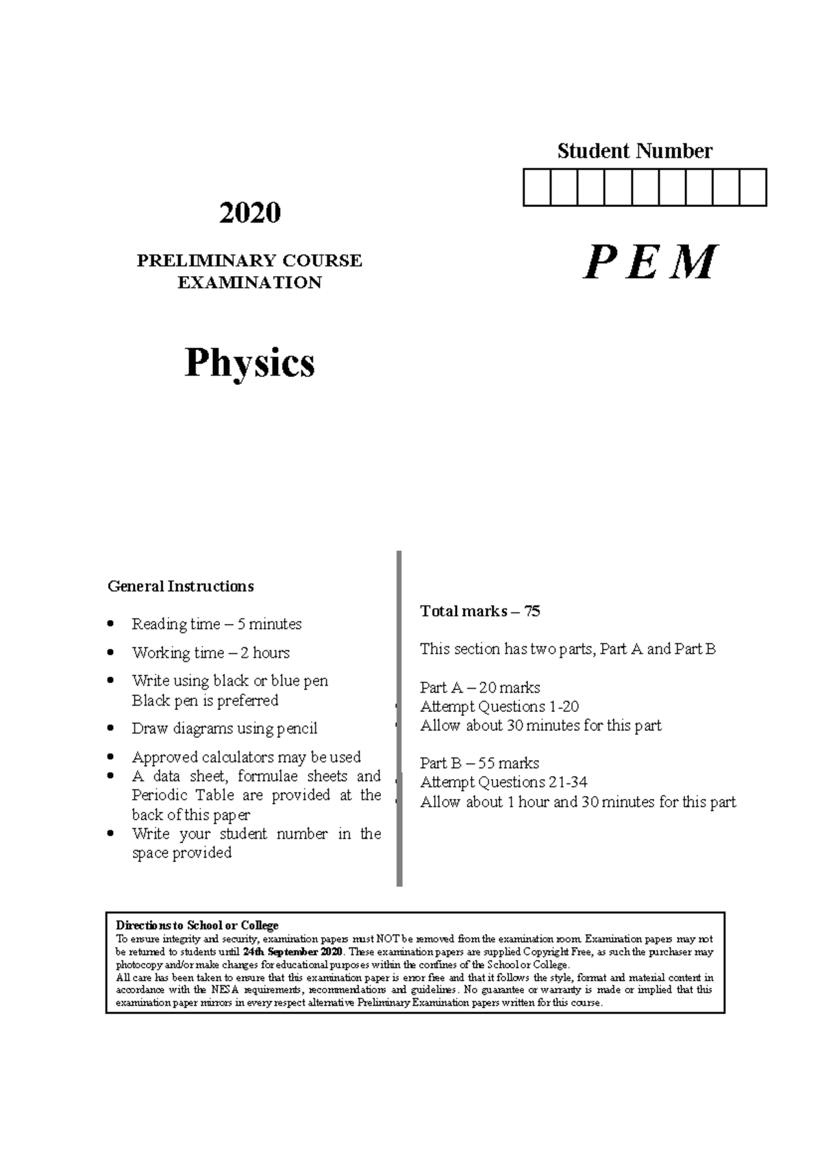 PEM 2020 Physics Preliminary Exam - 2020 PRELIMINARY COURSE EXAMINATION Physics General ...