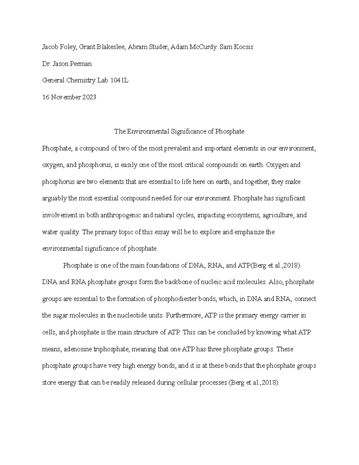 Phosphate essay - Jacob Foley, Grant Blakeslee, Abram Studer, Adam ...