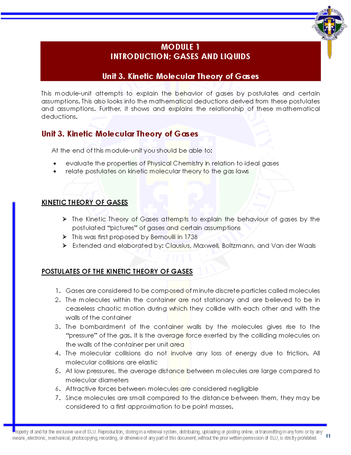 CHE 2131 Module 1 Unit 3 - kinetic theory gas - Property of and for the ...