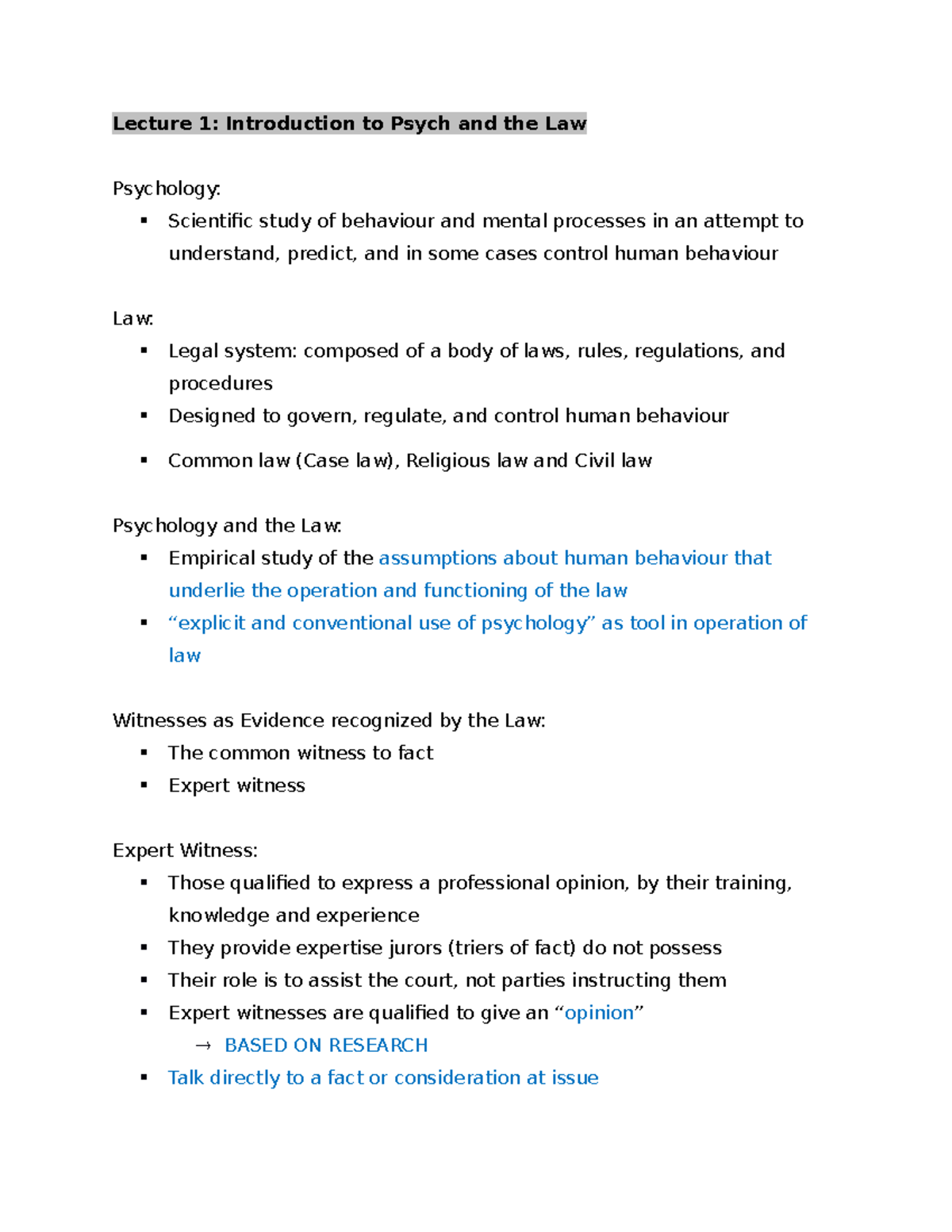 Forensic Psychology Notes - Lecture 1: Introduction to Psych and the ...