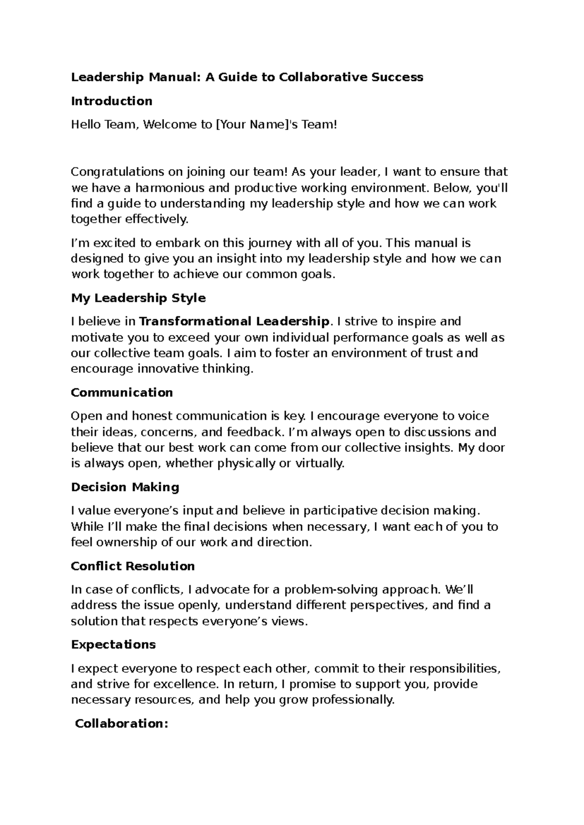 Leadership Pitch - Leadership Manual: A Guide to Collaborative Success ...