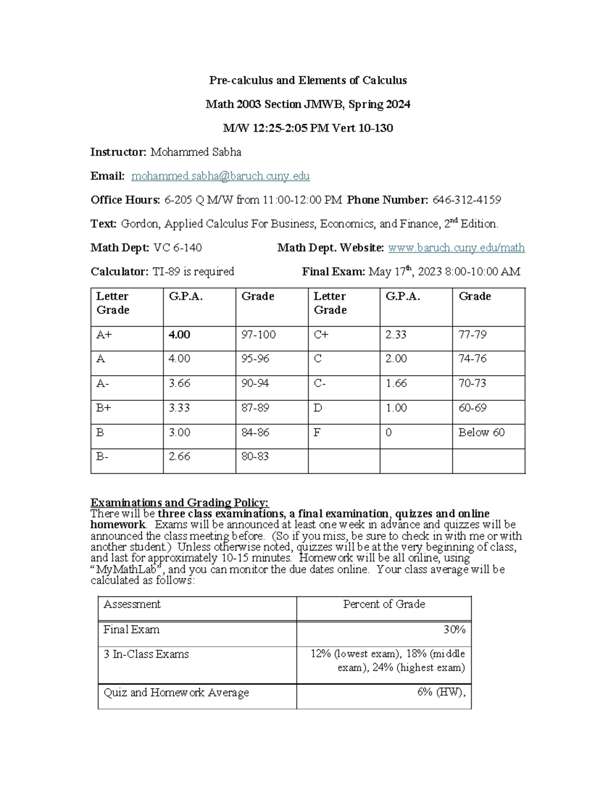 MTH 2003 Syllabus Spring 2024 (1) - Pre-calculus and Elements of ...