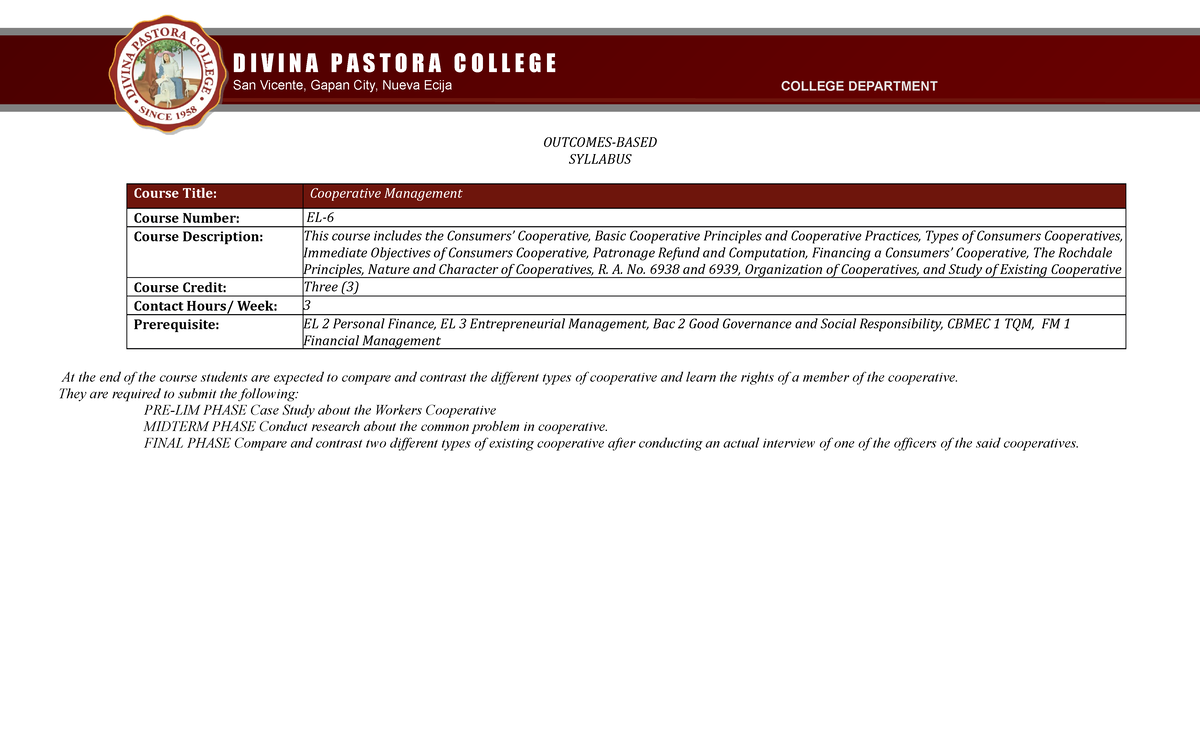 Cooperative Management Syllabus 1 - OUTCOMES-BASED SYLLABUS Course ...