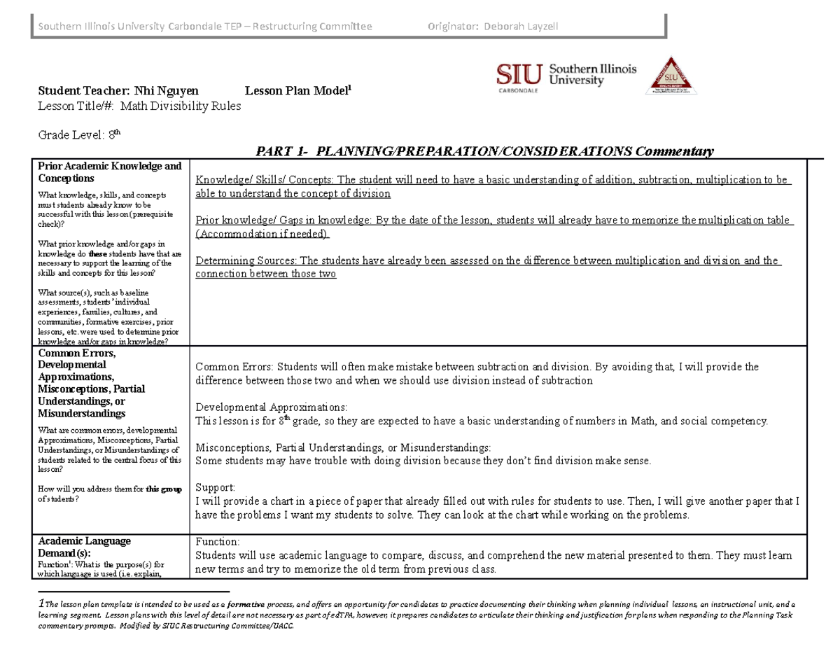 Lesson Plan Math 8 Divisibility Rules Student Teacher Nhi Nguyen