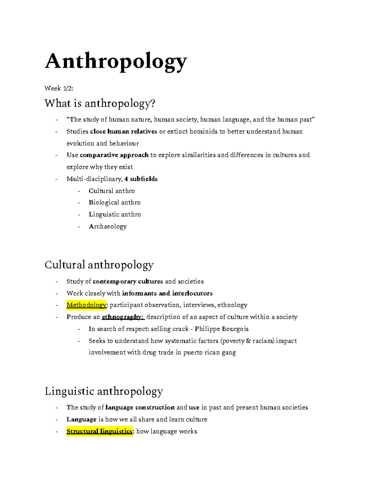 Anthropology - notes - Anthropology Week 1/2: What is anthropology ...