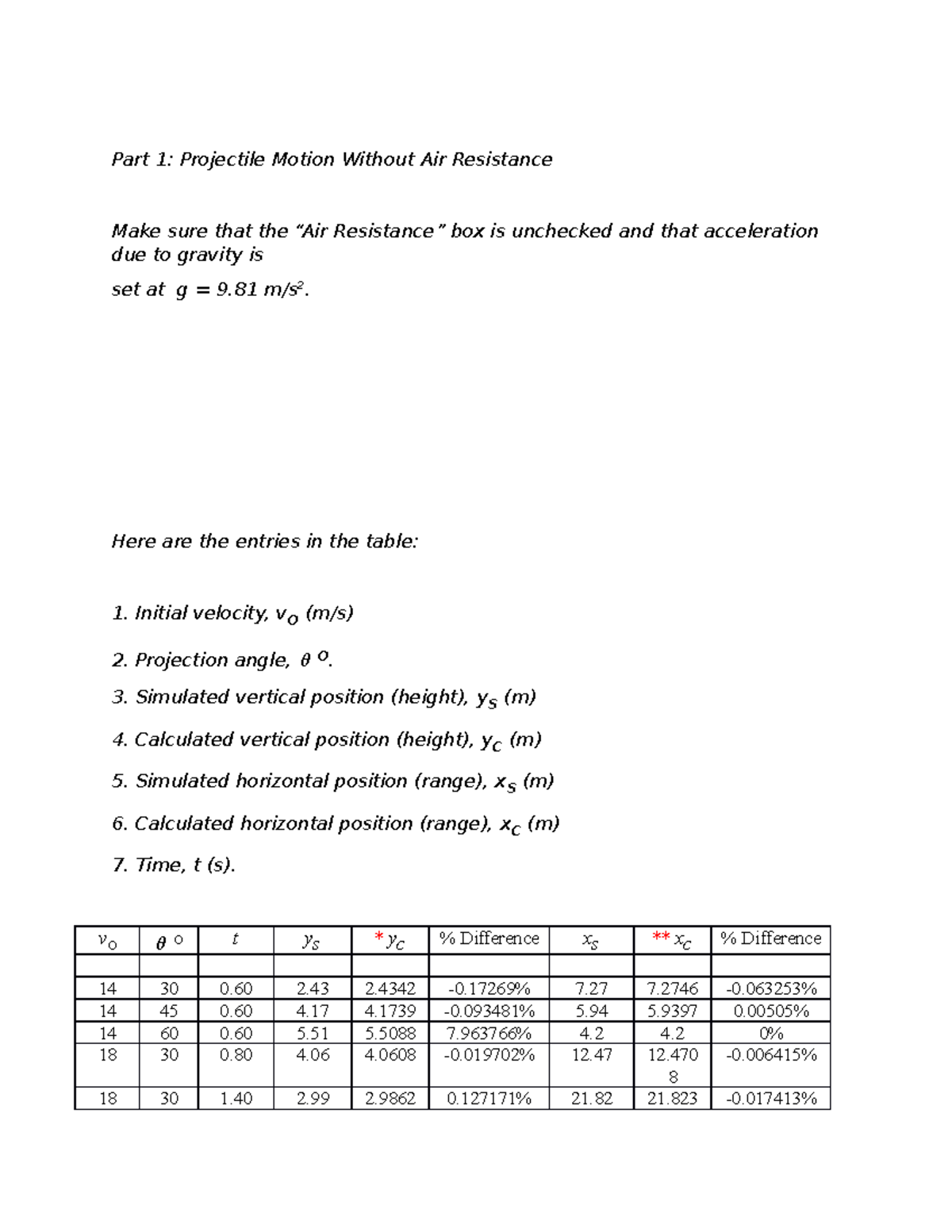 (Projectile Motion) - answers to lab report - Part 1: Projectile Motion ...