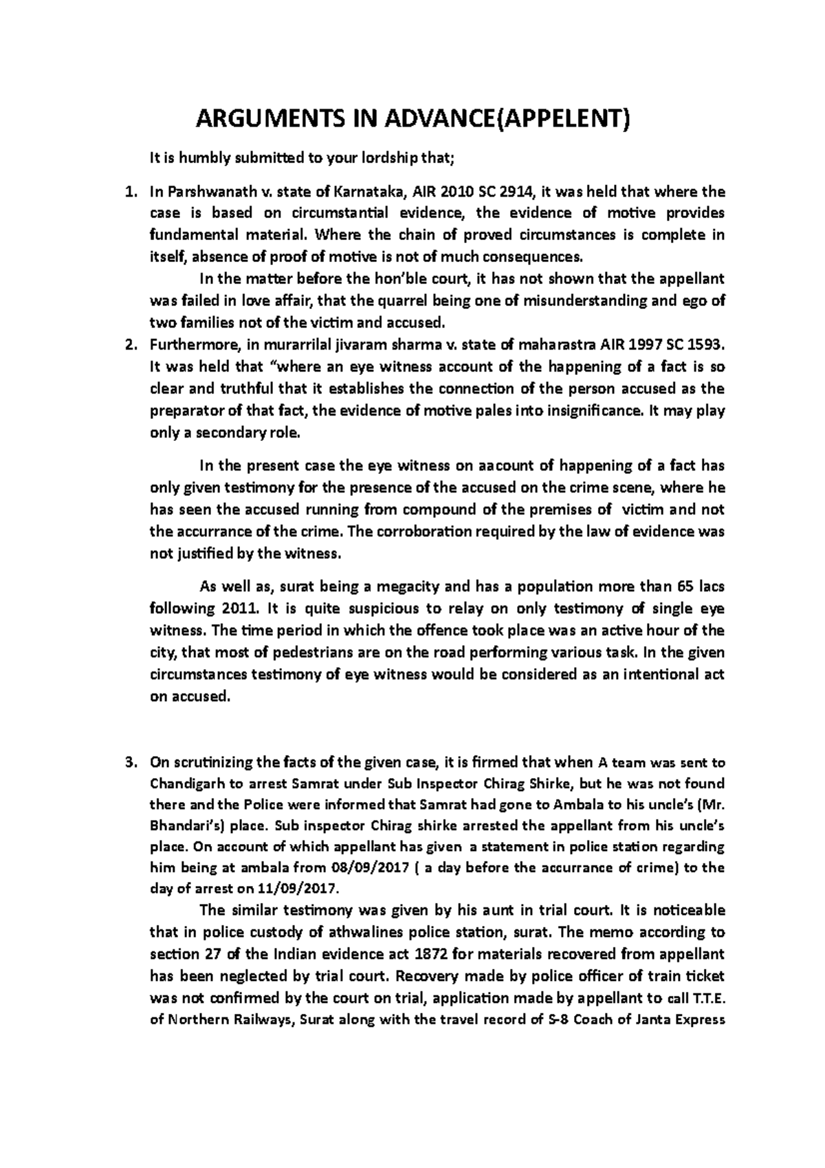 Arguments IN Advance - ARGUMENTS IN ADVANCE(APPELENT) It is humbly ...