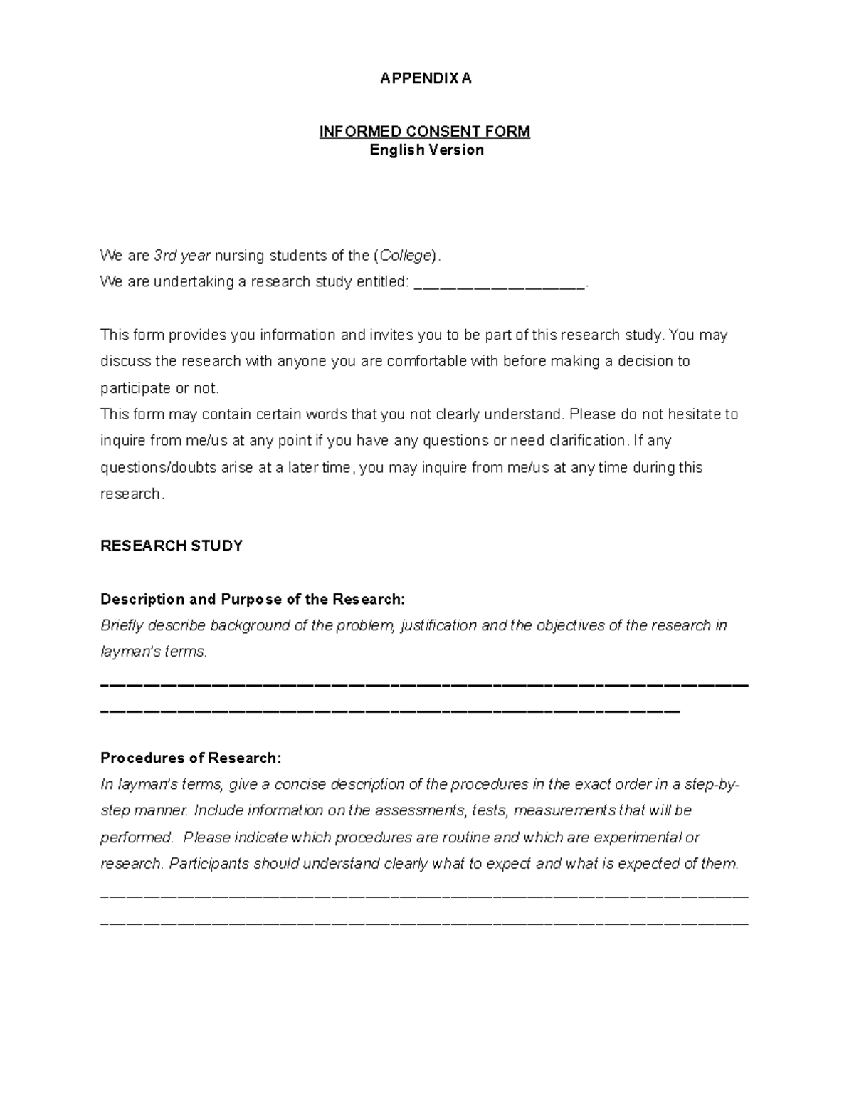 ICF - for research - APPENDIX A INFORMED CONSENT FORM English Version We are 3rd year nursing ...